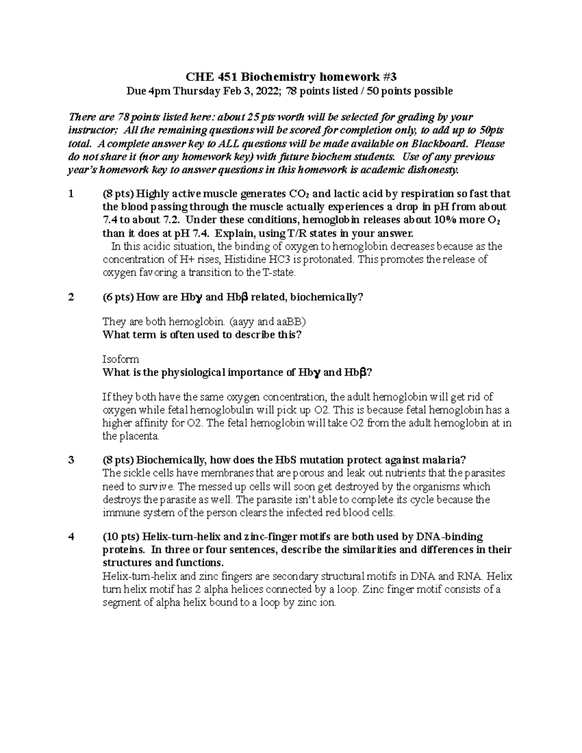 Biochem homework #3 - CHE 451 Biochemistry homework Due 4pm Thursday ...