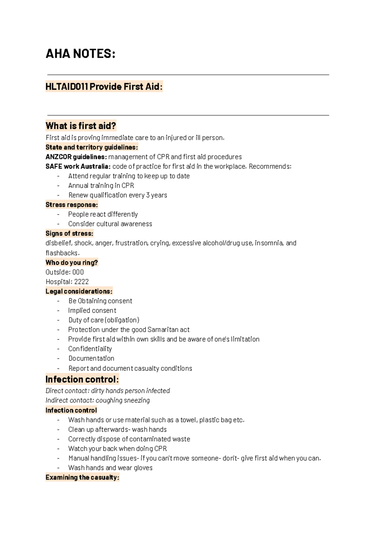 Year 11 AHA notes - AHA NOTES: HLTAID011 Provide First Aid: What is ...