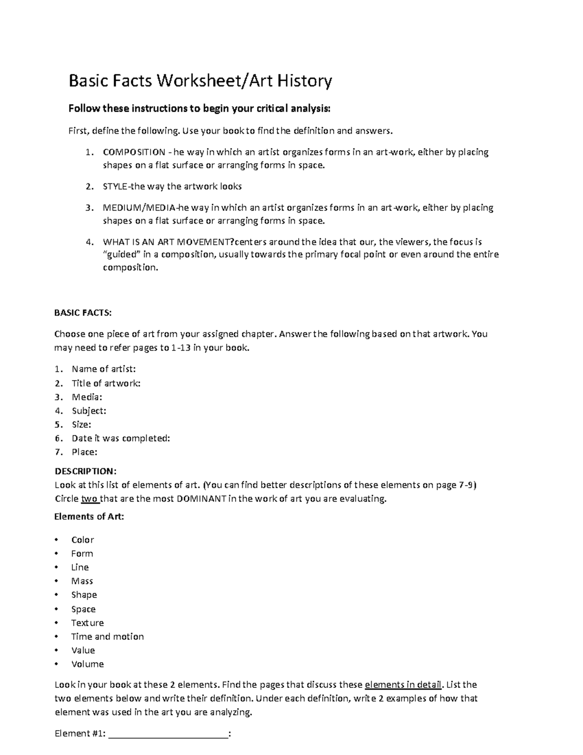 Art History Basic Facts Worksheet - Basic Facts Worksheet/Art History ...