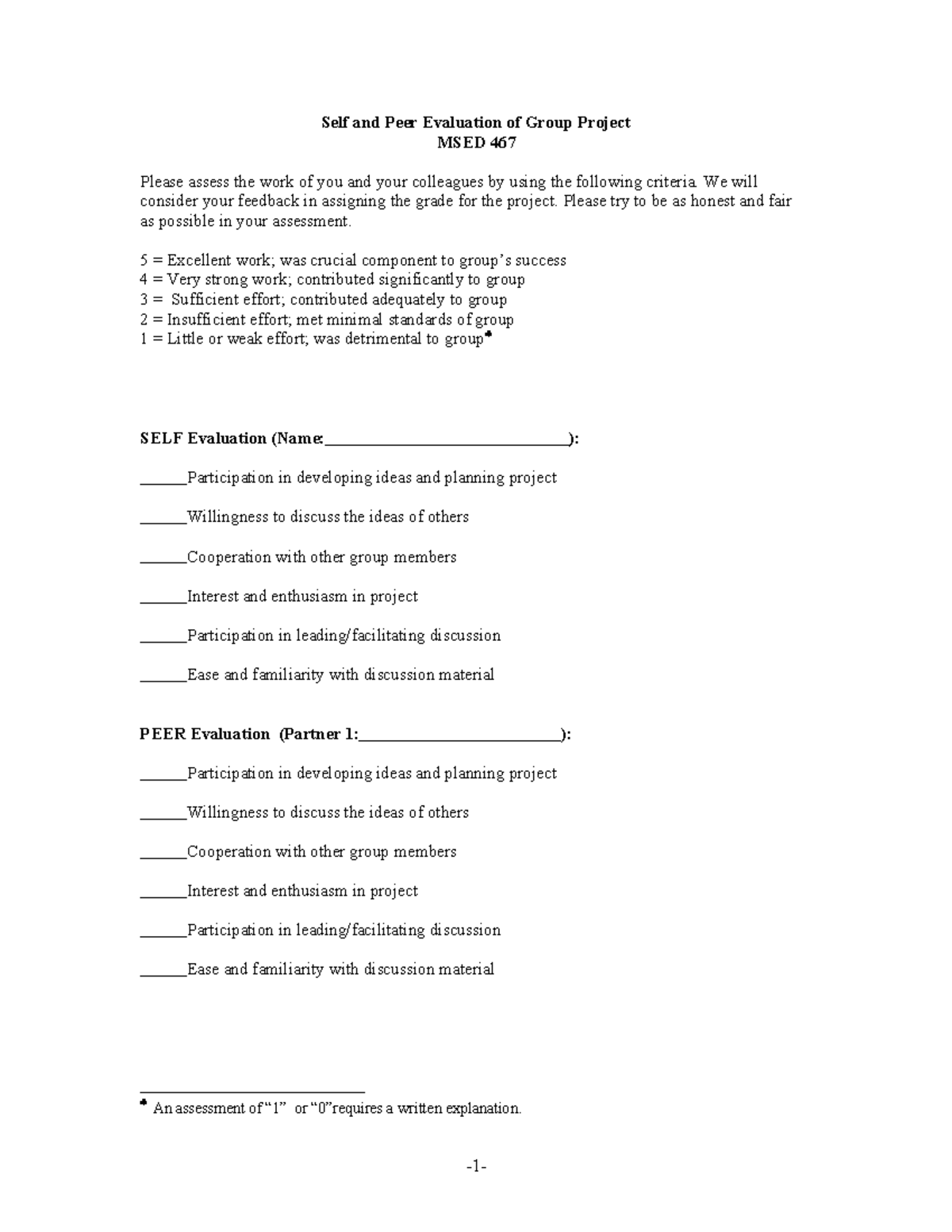 Peer evaluation form 03 - Self and Peer Evaluation of Group Project ...