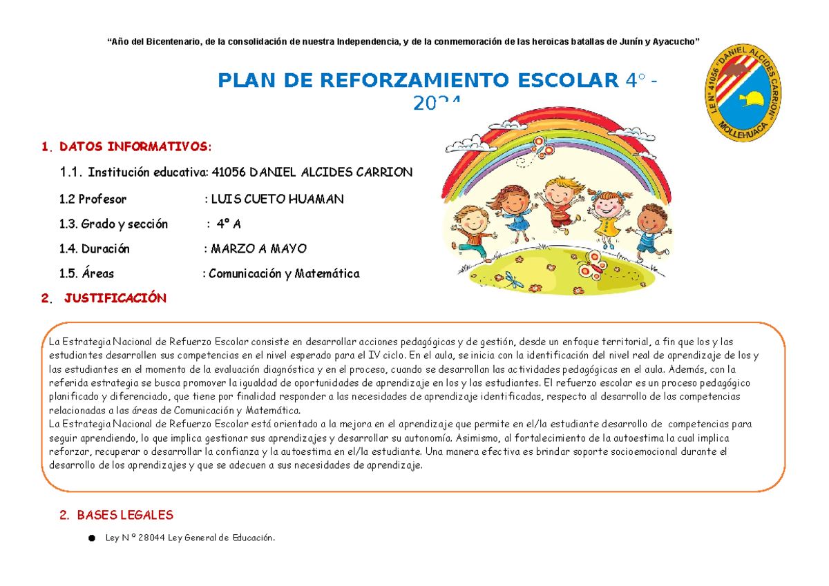 4° PLAN DE Reforzamiento 4° A 2024 - La Estrategia Nacional de Refuerzo Escolar consiste en ...