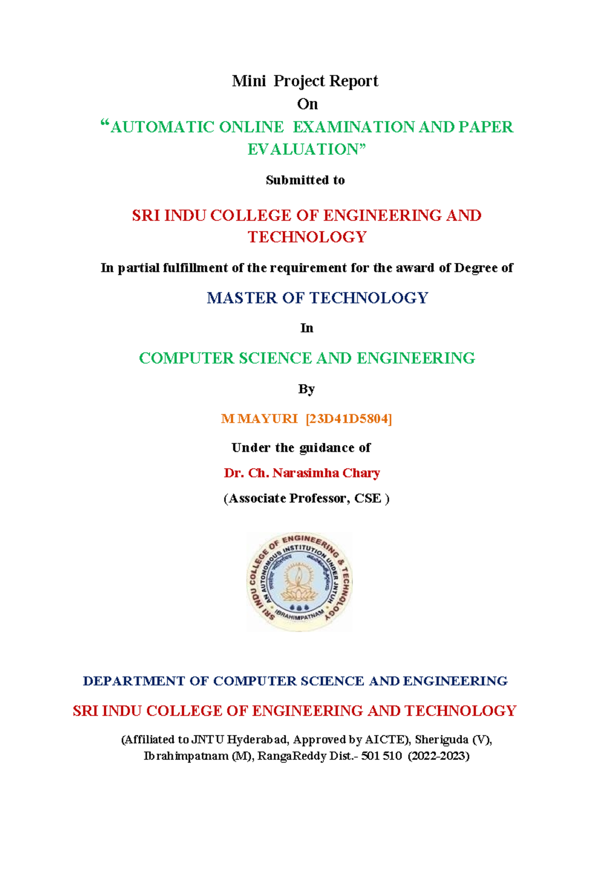 MR22 MINI Project Front Papers - Mini Project Report On “AUTOMATIC ONLINE EXAMINATION AND PAPER ...