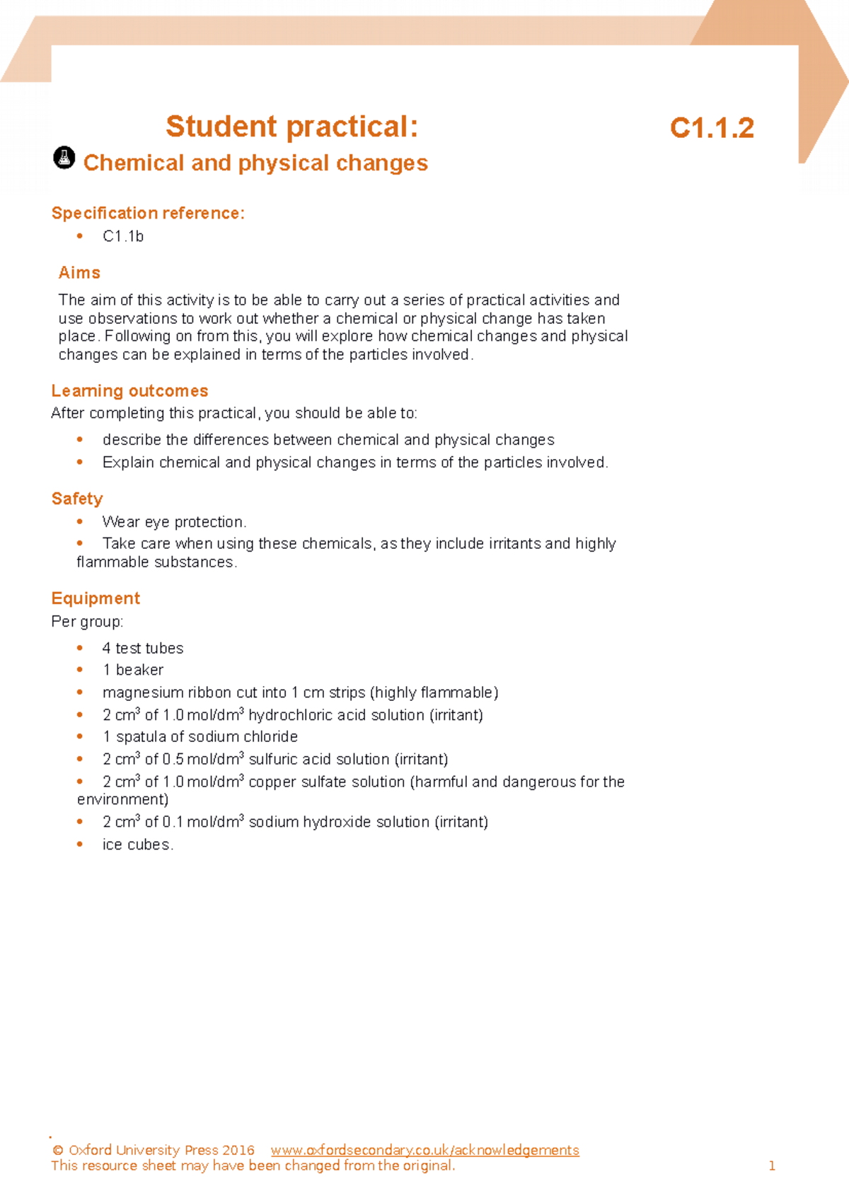 Chemical and physical changes practical - Student practical: Chemical ...