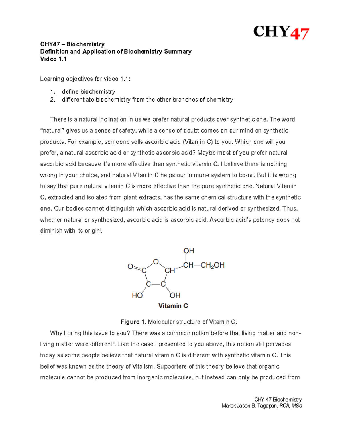 Handouts 1- Definition and Application of Biochemistry Summary - CHY 47 ...