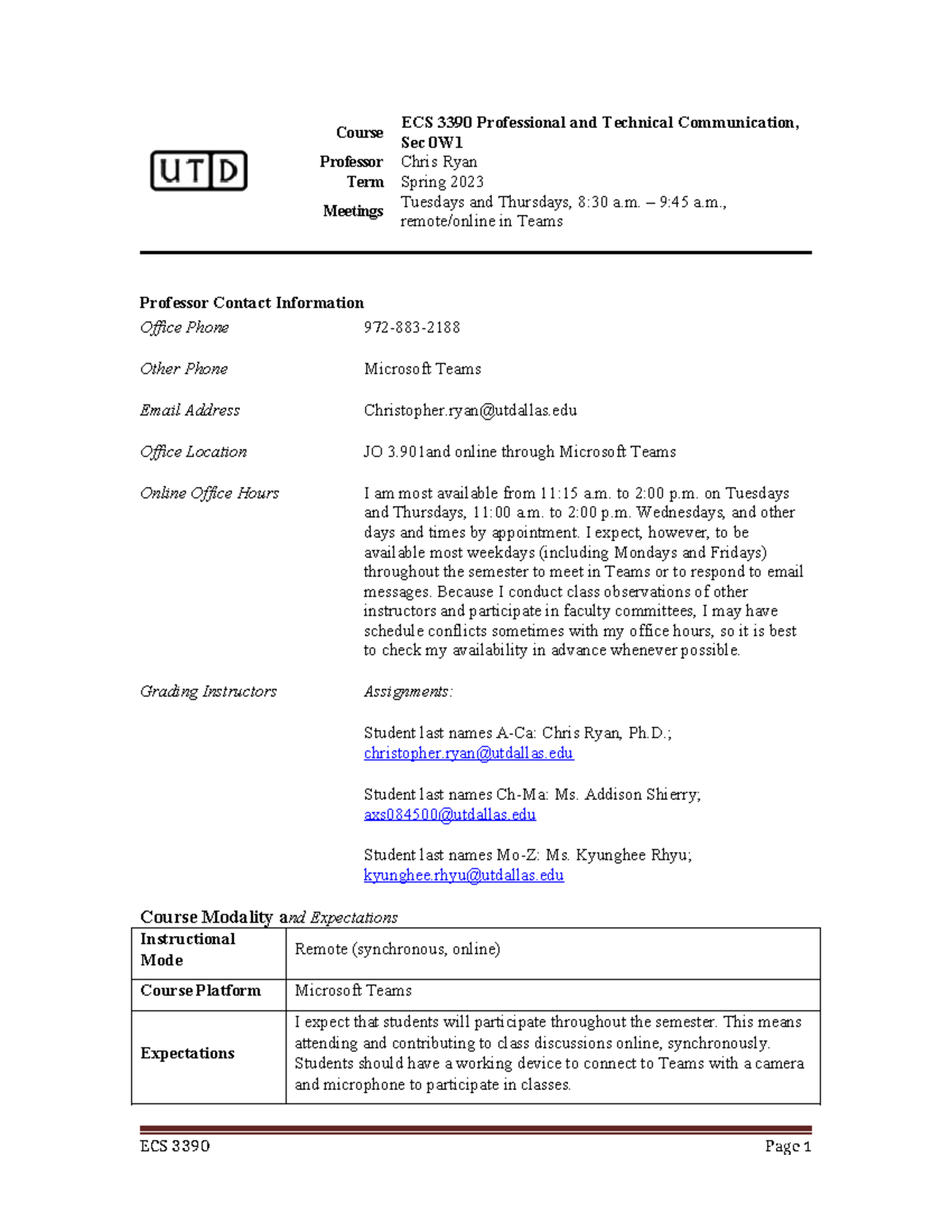 ECS3390.0W1Syllabus Spring 2023 - Course ECS 3390 Professional and Technical Communication, Sec ...