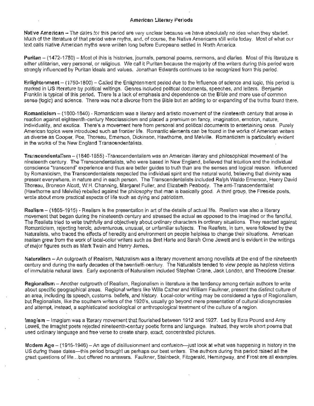 American Lit Periods Handout - English Language - Studocu