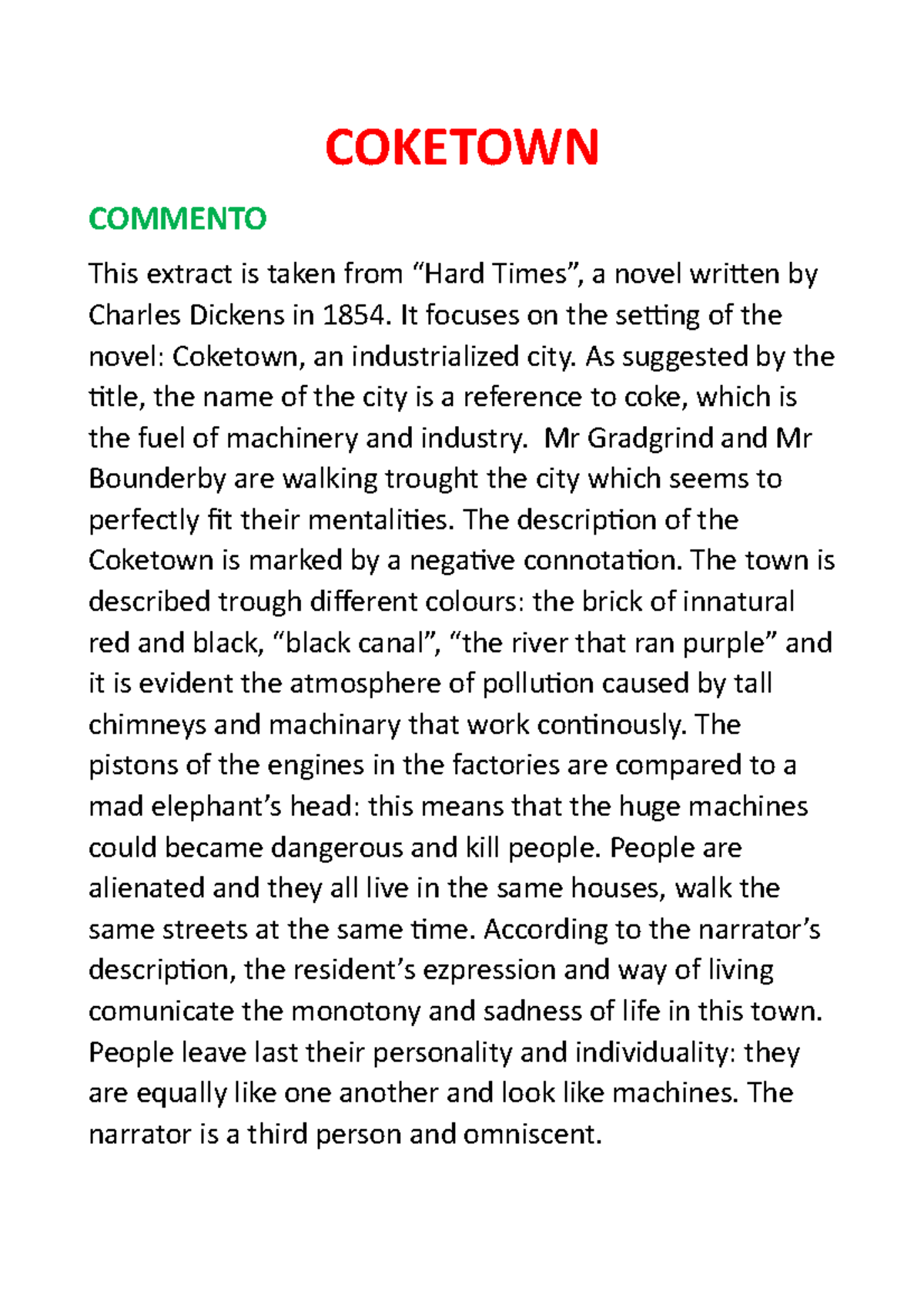 Coketown, the summary of the passage - COKETOWN COMMENTO This extract ...
