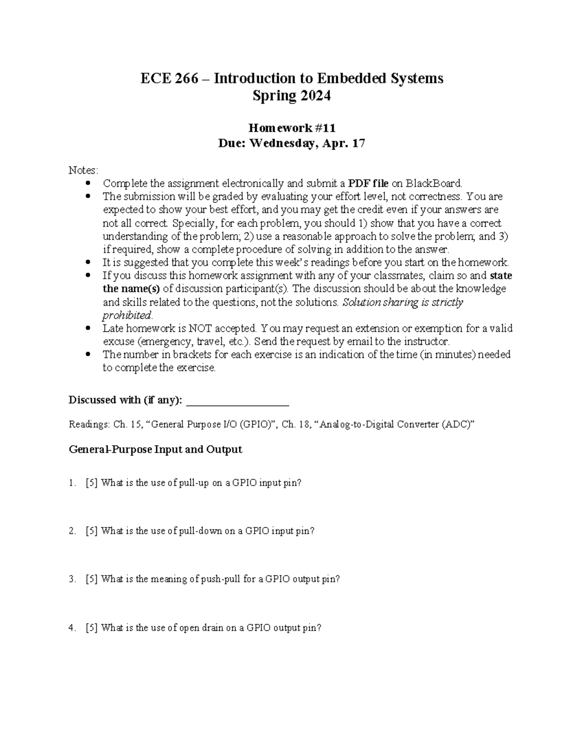 Homework 11 - ECE 266 – Introduction to Embedded Systems Spring 2024 Homework Due: Wednesday ...