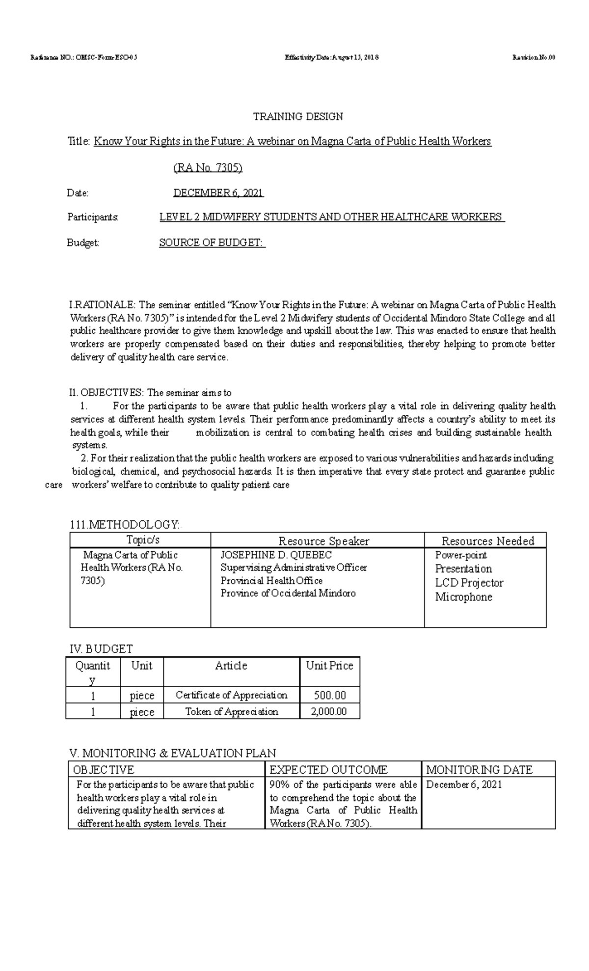 Training-Design For the lecture of different - Reference NO.: OMSC-Form ...