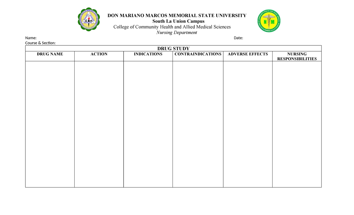 DRUG- Study- Template - nursing - South La Union Campus College of ...