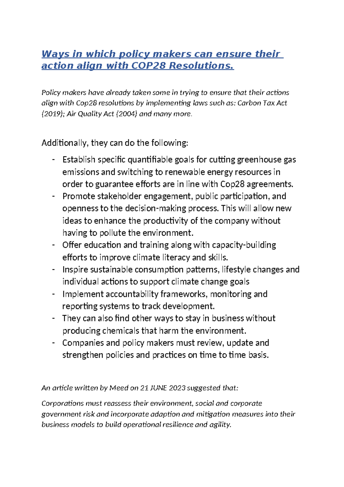 Ways in which policy makers can ensure their action align with COP28 ...