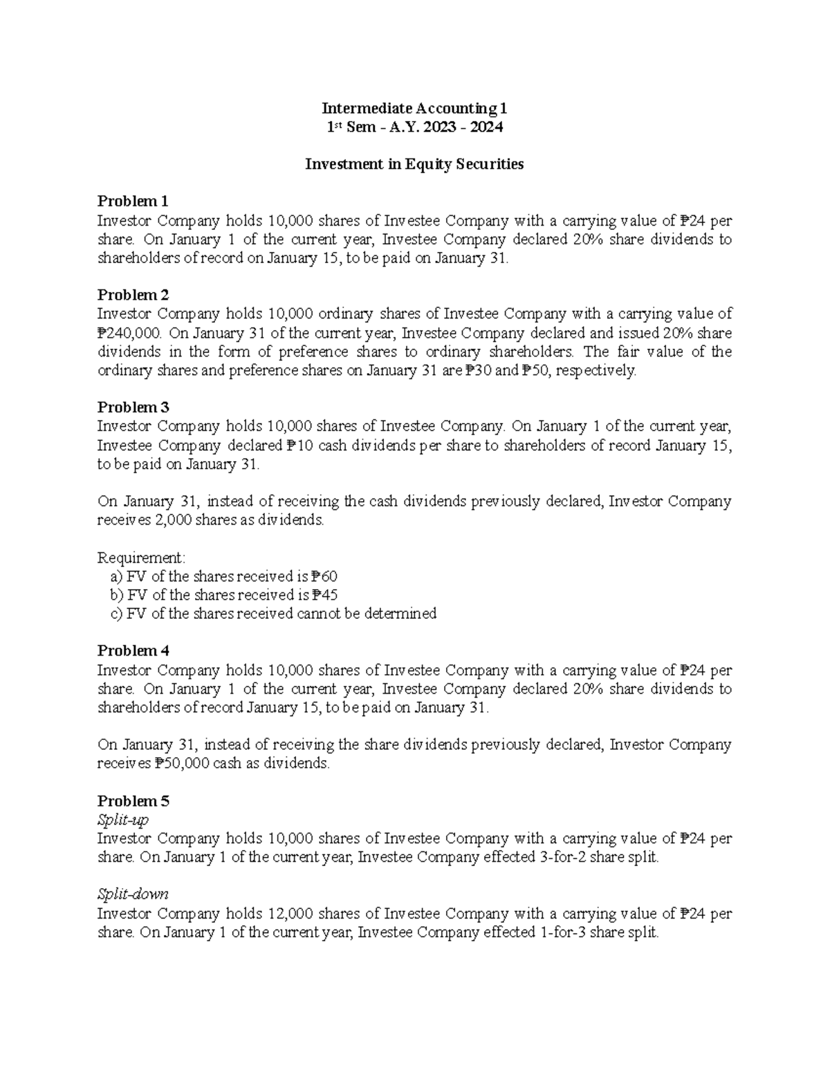 IA 1 Equity Securities Handouts - Intermediate Accounting 1 1ˢᵗ Sem - A ...