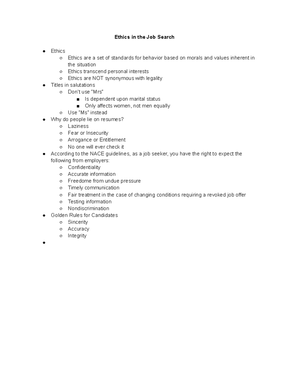 Ethics in the Job Search Notes - Ethics in the Job Search Ethics Ethics ...