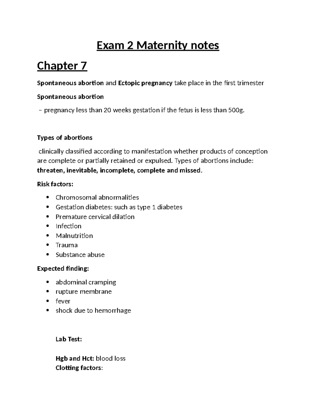 Exam 2 Maternity notes - Exam 2 Maternity notes Chapter 7 Spontaneous ...