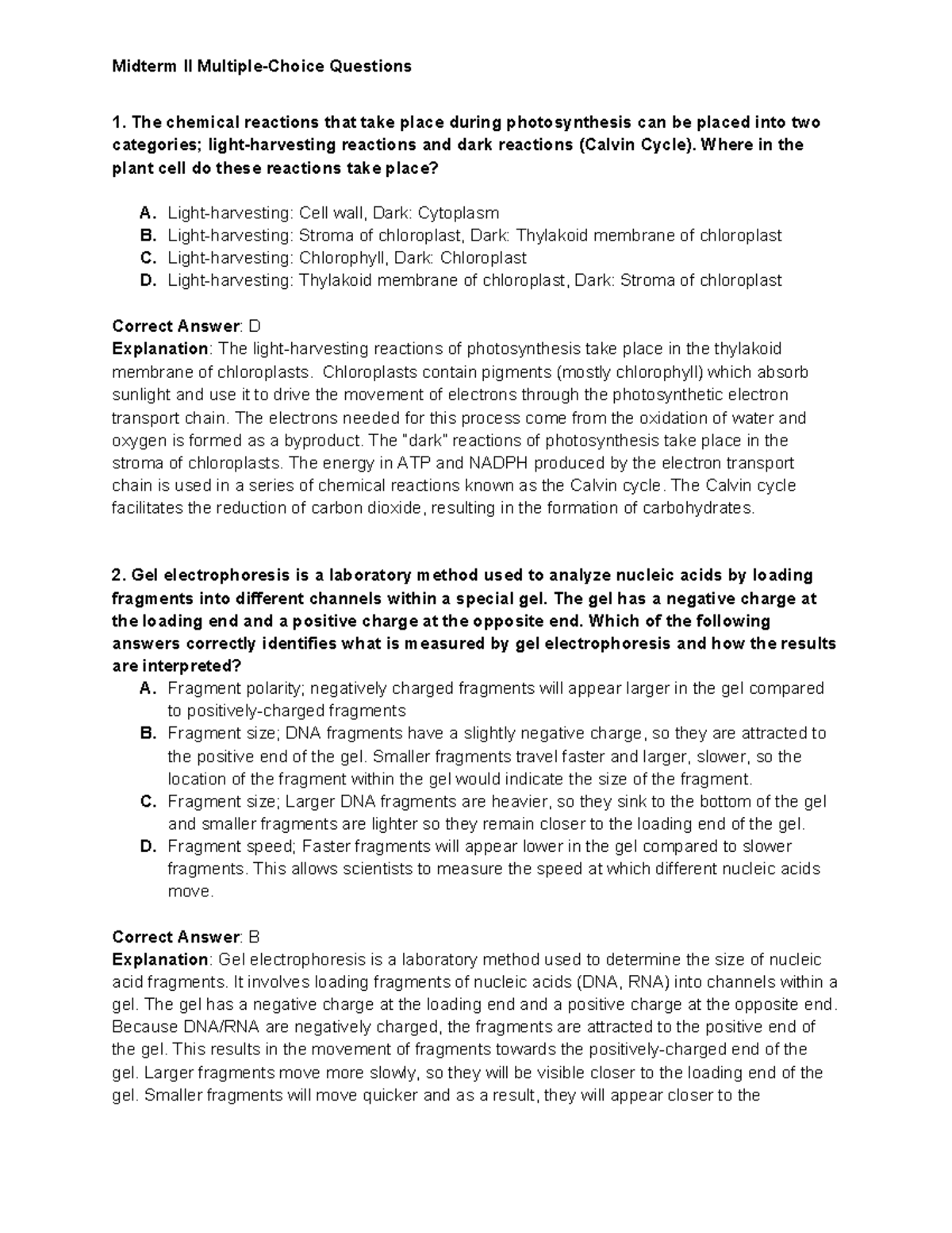 Midterm II Multiple-Choice Questions - Where in the plant cell do these reactions take place? A ...