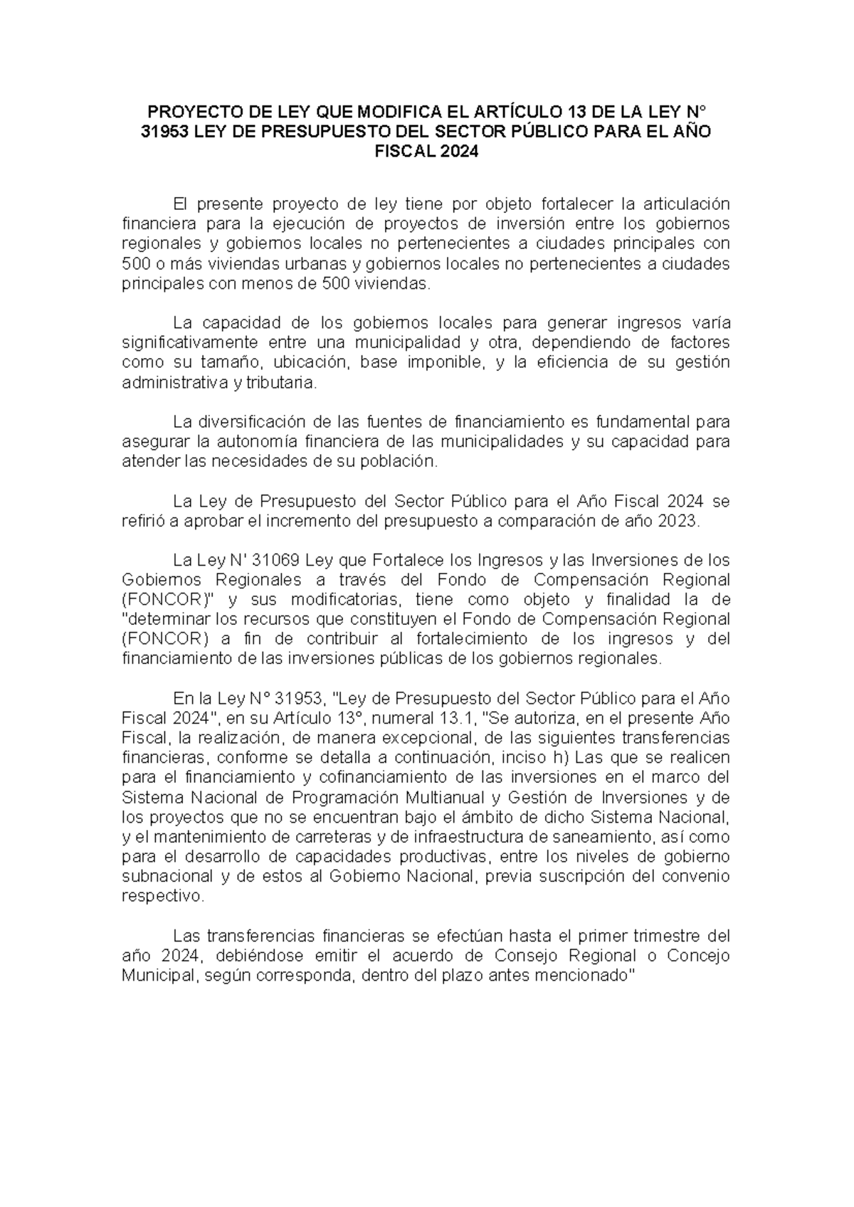 Proyecto De Ley Que Modifica El Artículo 13 De La Ley N Proyecto De