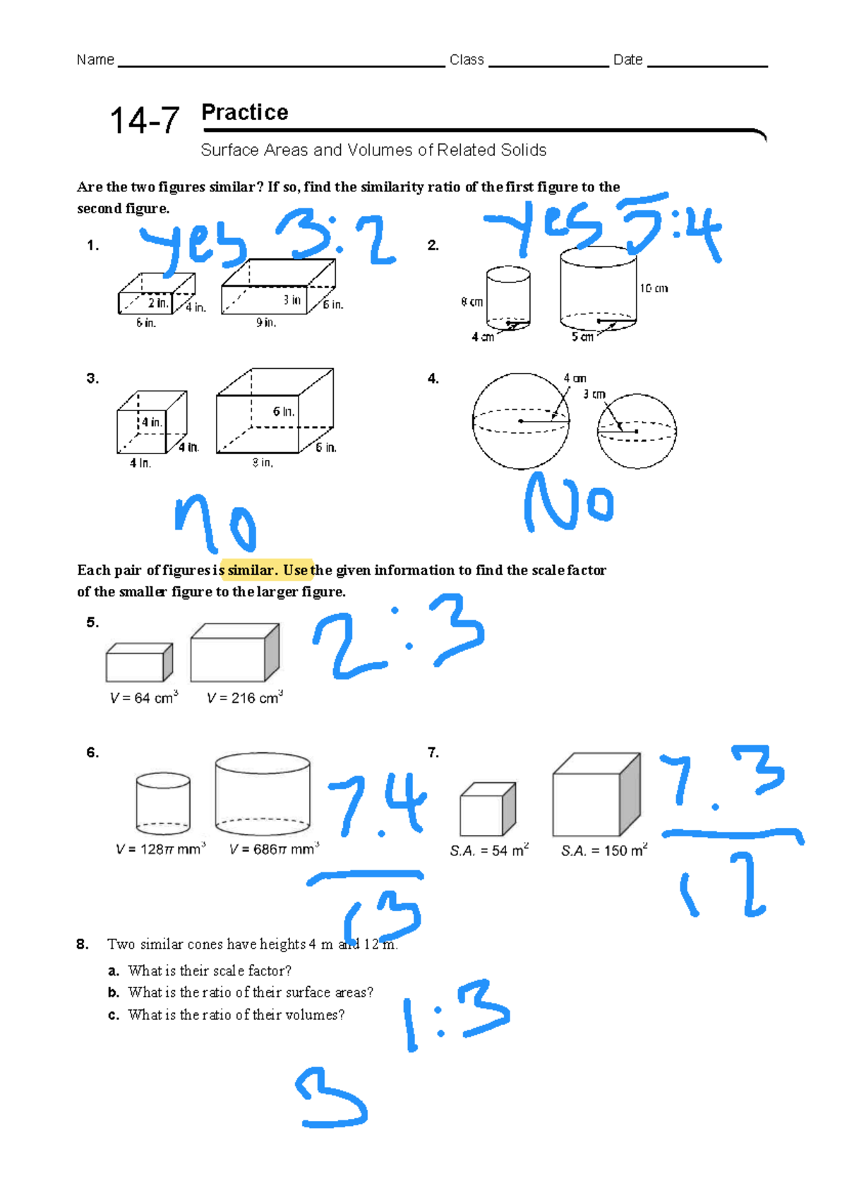 5 - idk - Name Class Date 14- Practice Surface Areas and Volumes of ...