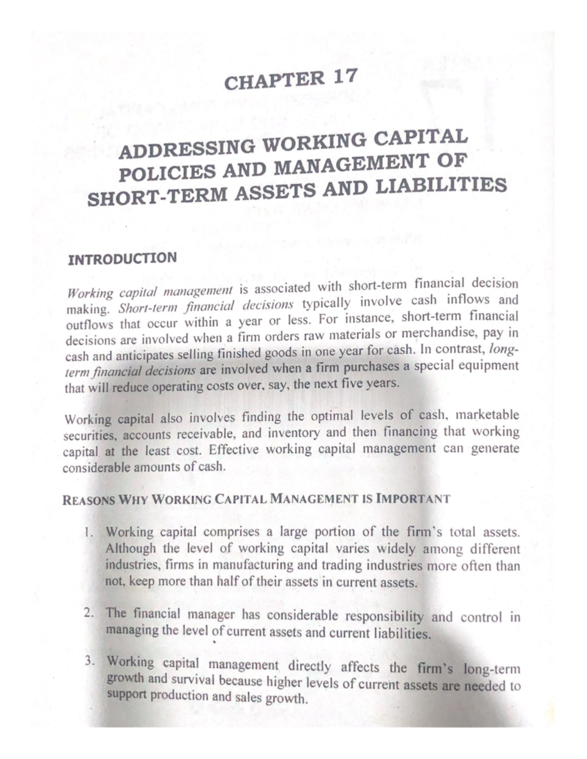 Addressing Working Capital - BSBA major in Financial Management - Studocu