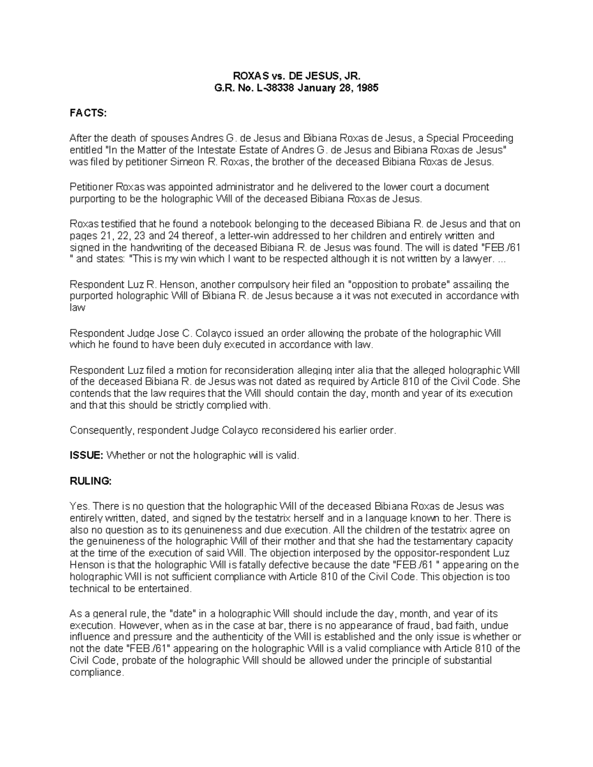 Roxas vs. De Jesus, Jr. - ROXAS vs. DE JESUS, JR. G. No. L-38338 ...