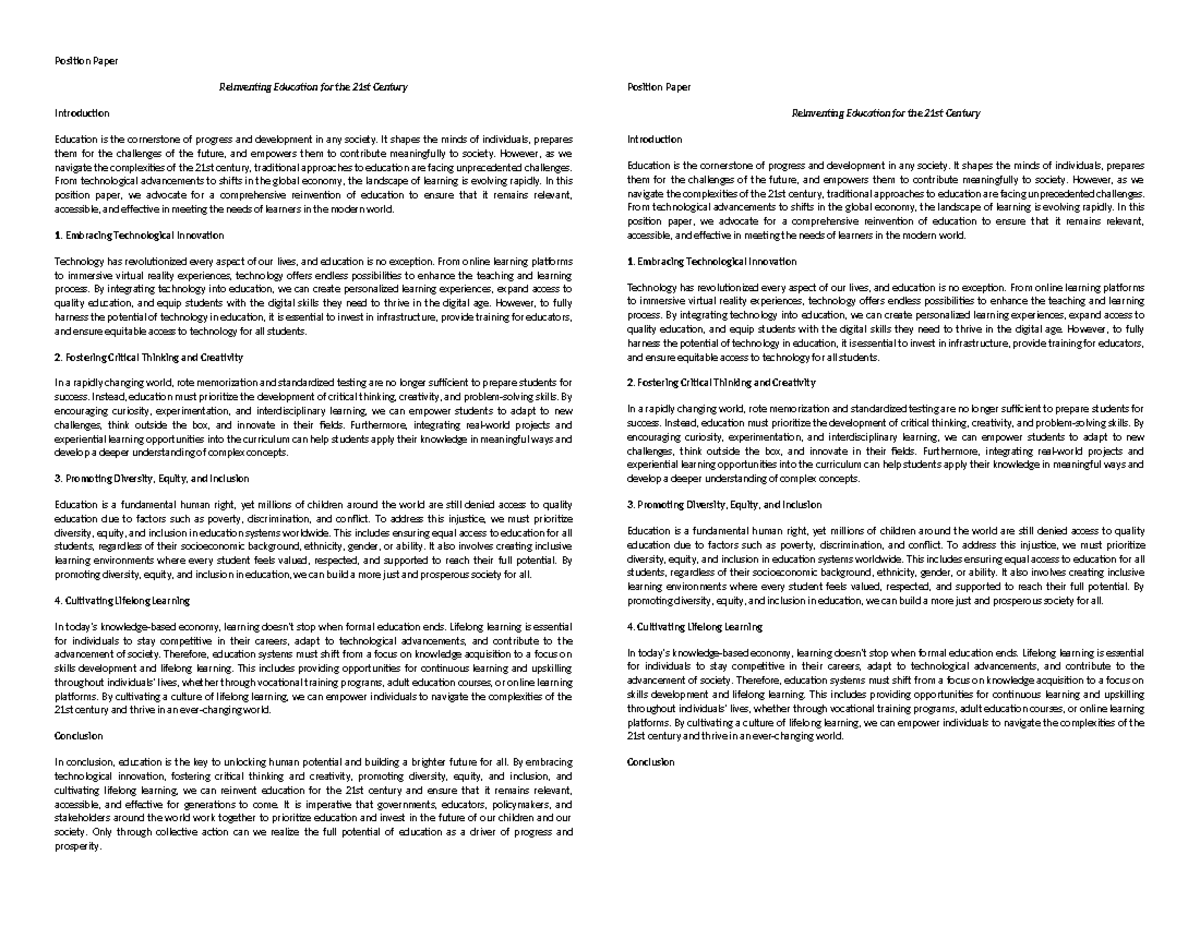Position Paper-sample - Position Paper Reinventing Education for the ...