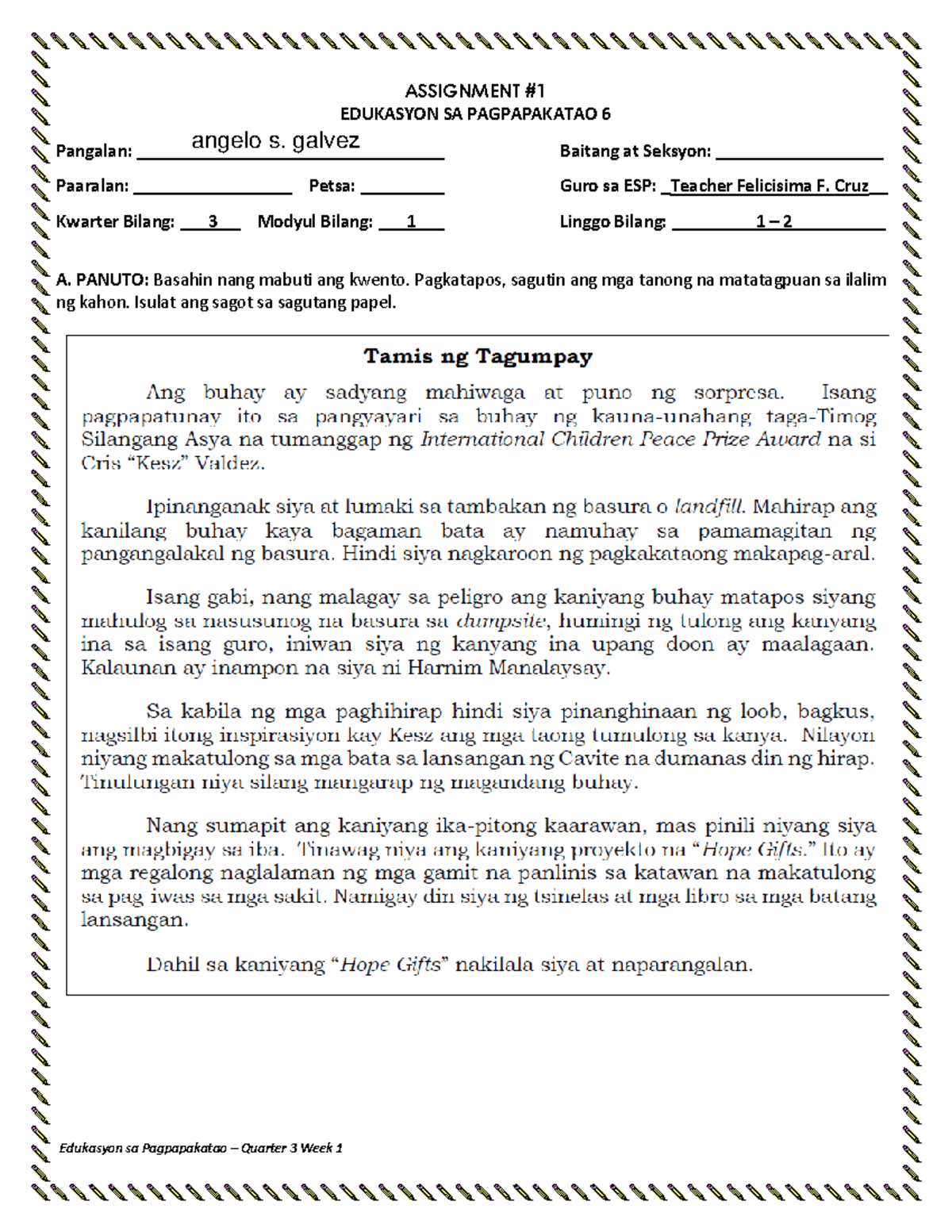 ESP Assignment ^N1 Q3 M1 W1 - Edukasyon sa Pagpapakatao – Quarter 3 ...