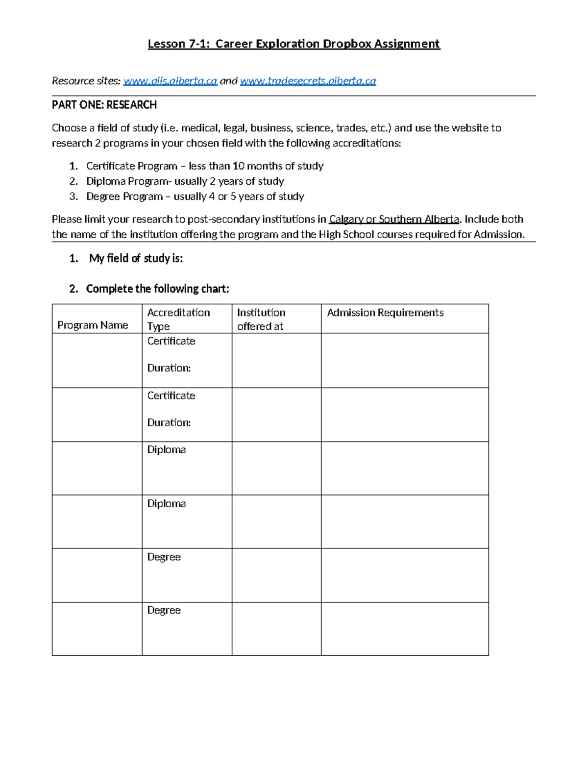 Career Exploration Worksheet Updated - Lesson 7-1: Career Exploration ...