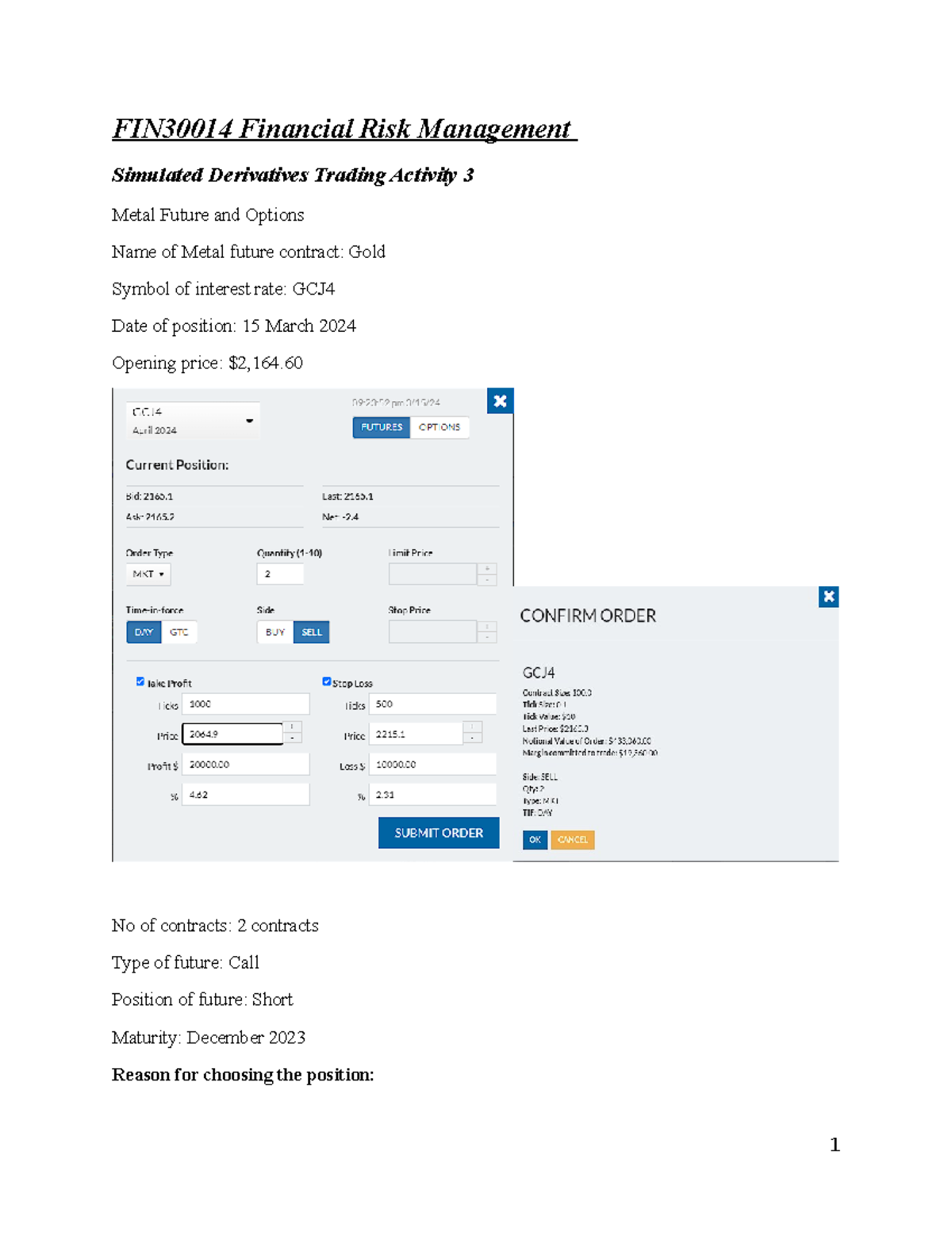FIN30014 Simulated Derivatives Trading Activity 3-1 - FIN30014 ...