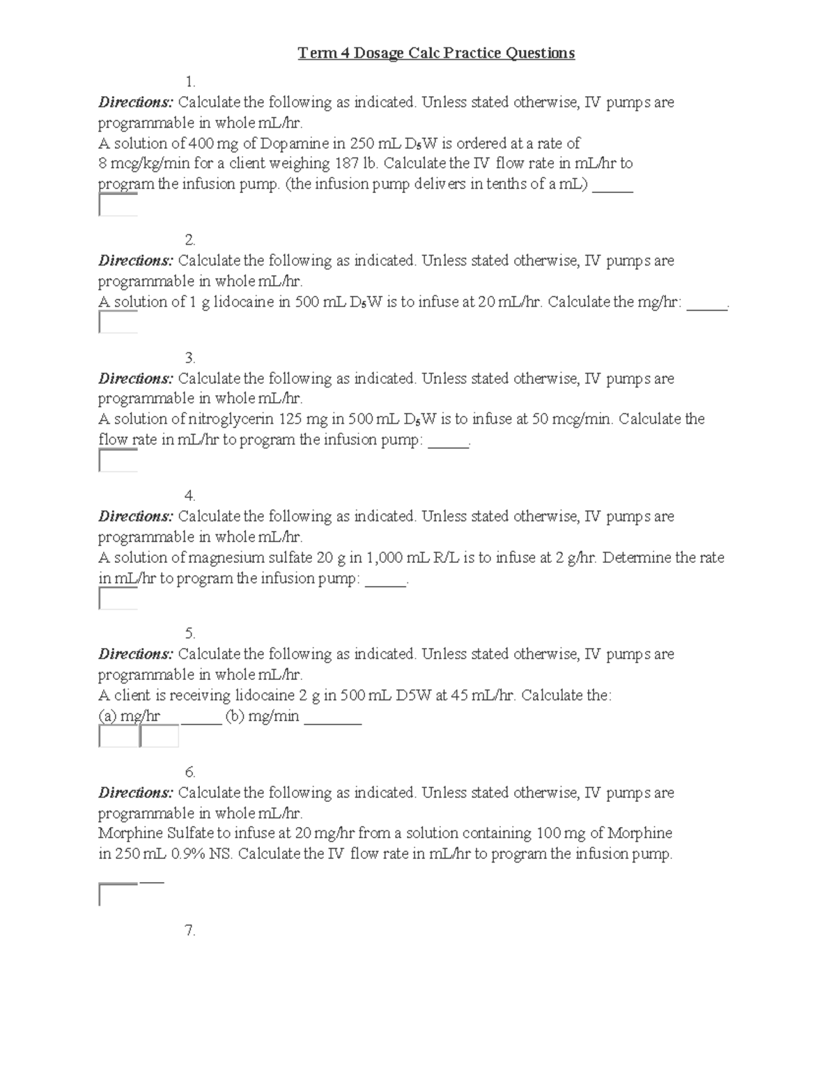 Dosage Calc Practice Sheet - Term 4 Dosage Calc Practice Questions 1 ...