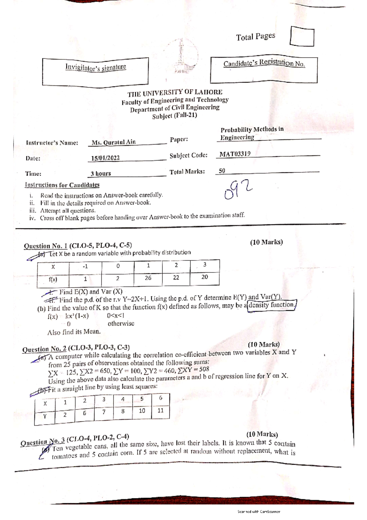 Probability paper F21 UOL - Civil engineering - Studocu
