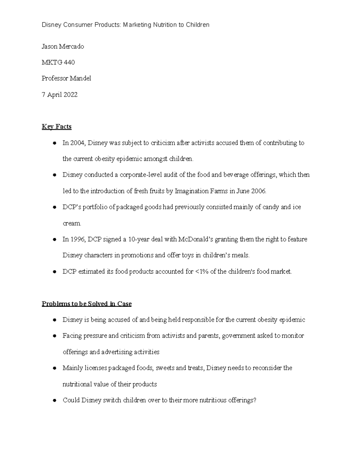 Disney Preliminary Write Up - Disney Consumer Products: Marketing ...