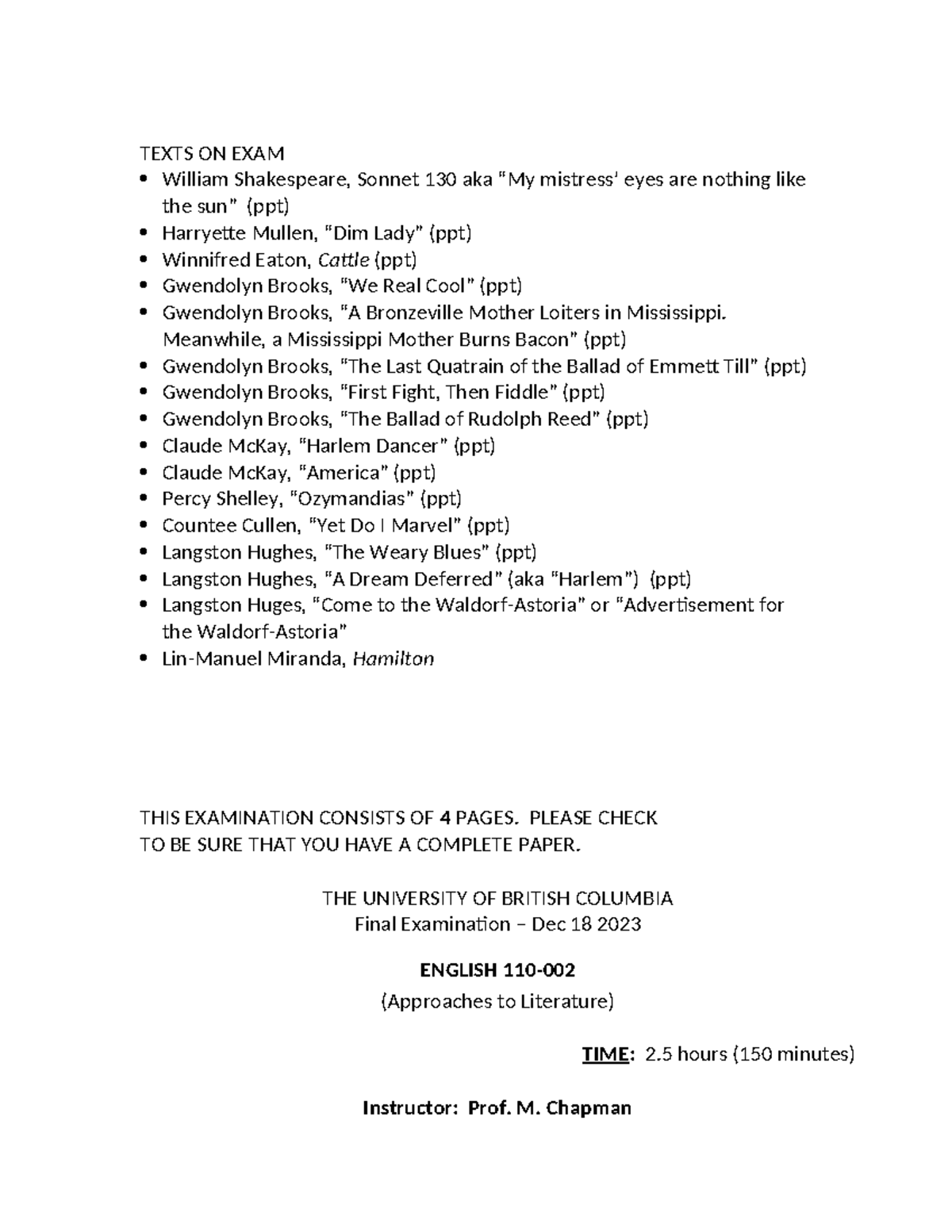 ENGL 110 Fall 2023 EXAM Review - TEXTS ON EXAM William Shakespeare ...