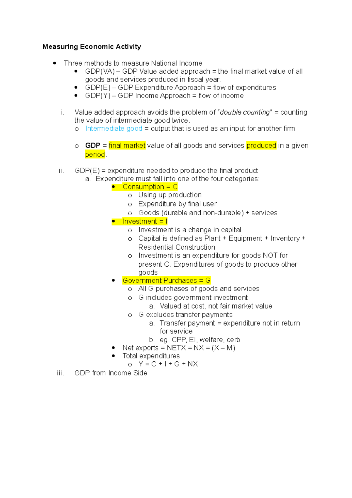 Econ 211 lecture notes - Measuring Economic Activity Three methods to ...