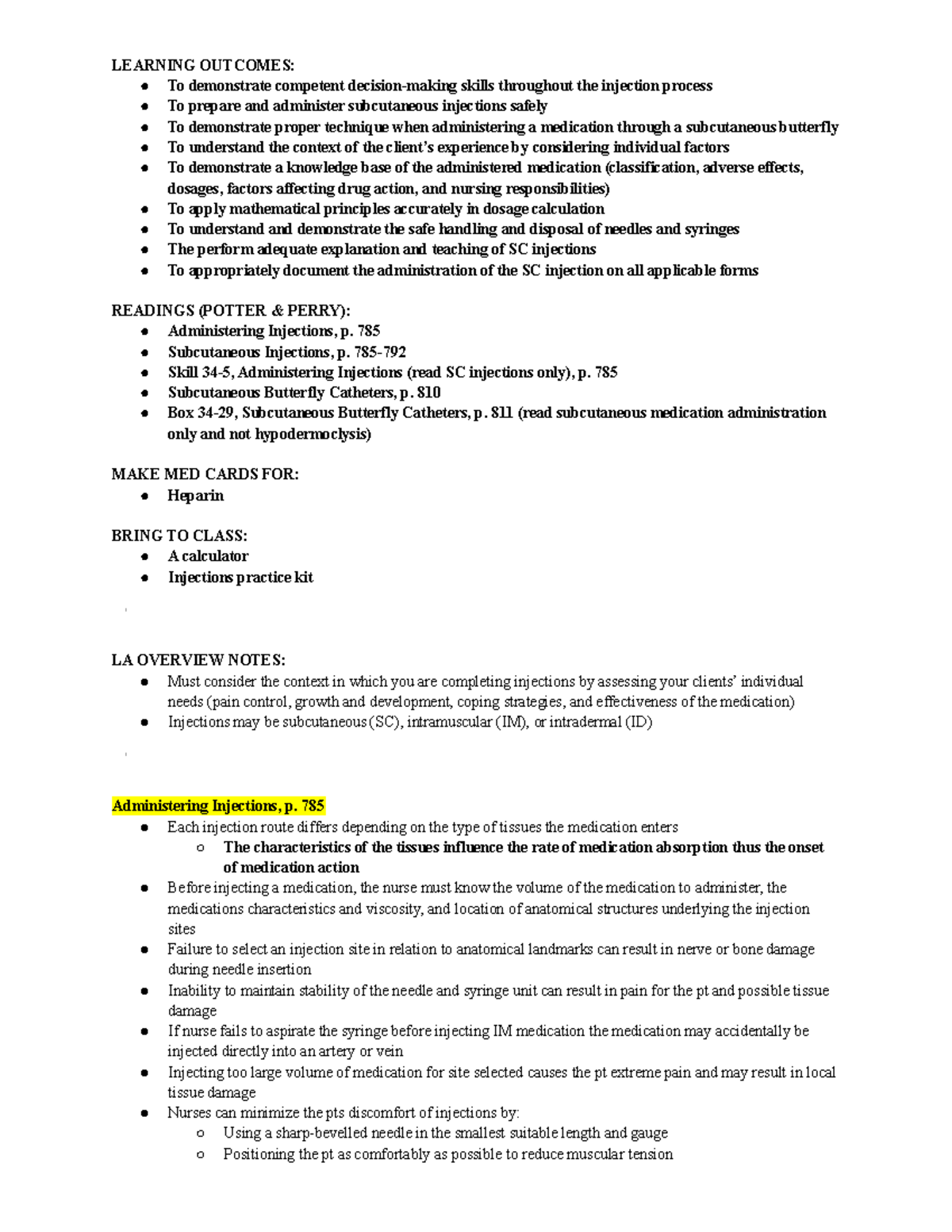 WEEK 1 LA Clients Requiring Subcutaneous Injections - LEARNING OUTCOMES ...