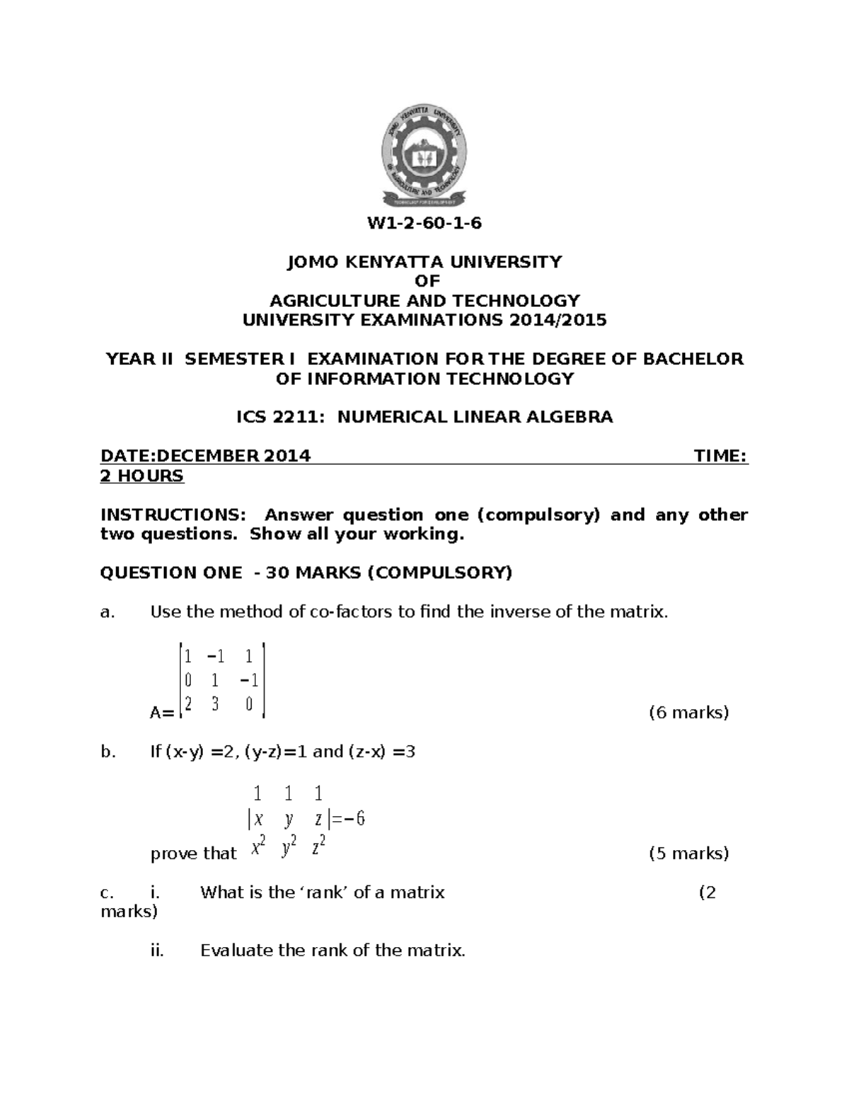 ICS 2211 Numerical Linear Algebra - W1-2-60-1- JOMO KENYATTA UNIVERSITY ...