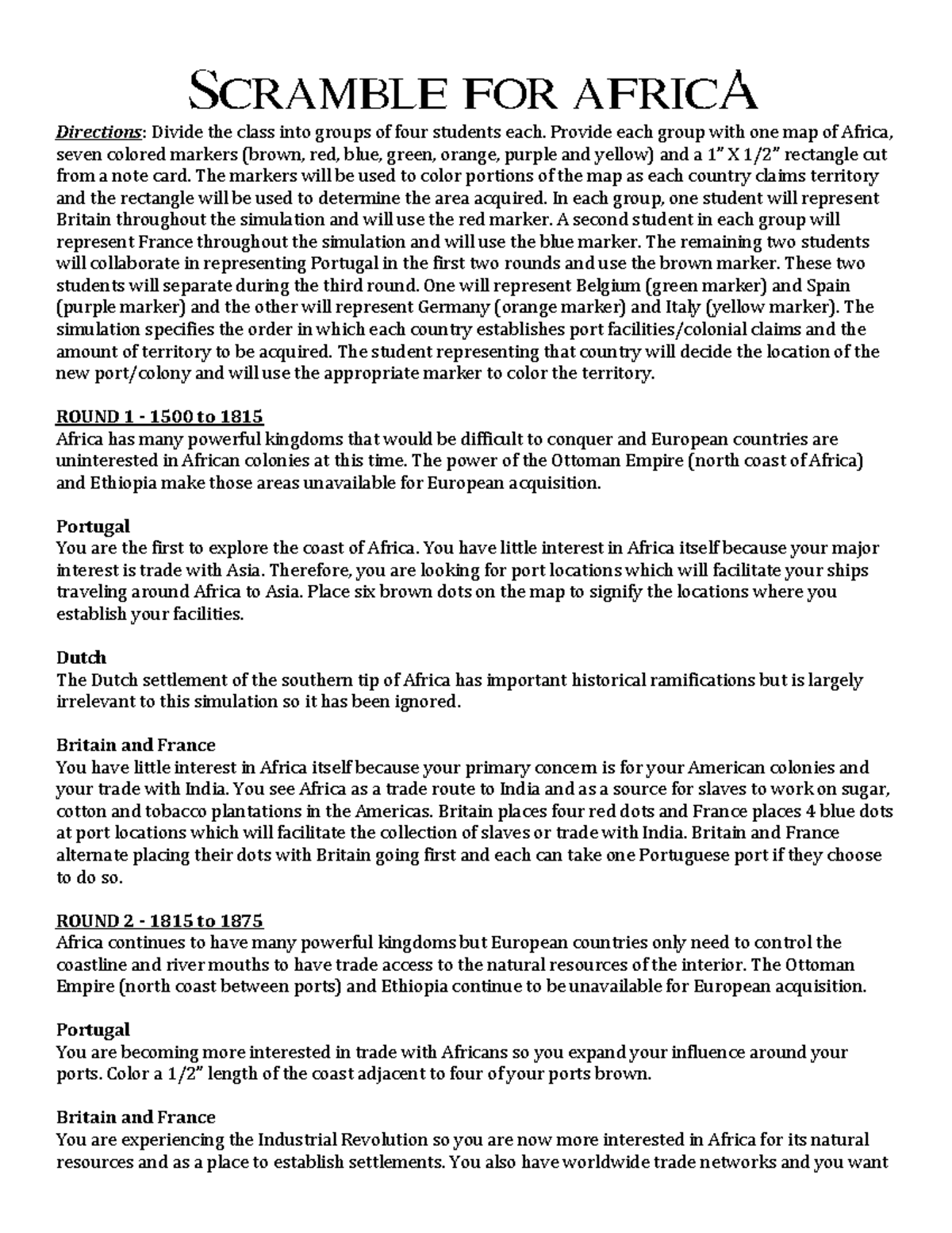 Scramble for africa simulation - Scramble for africA Directions: Divide ...