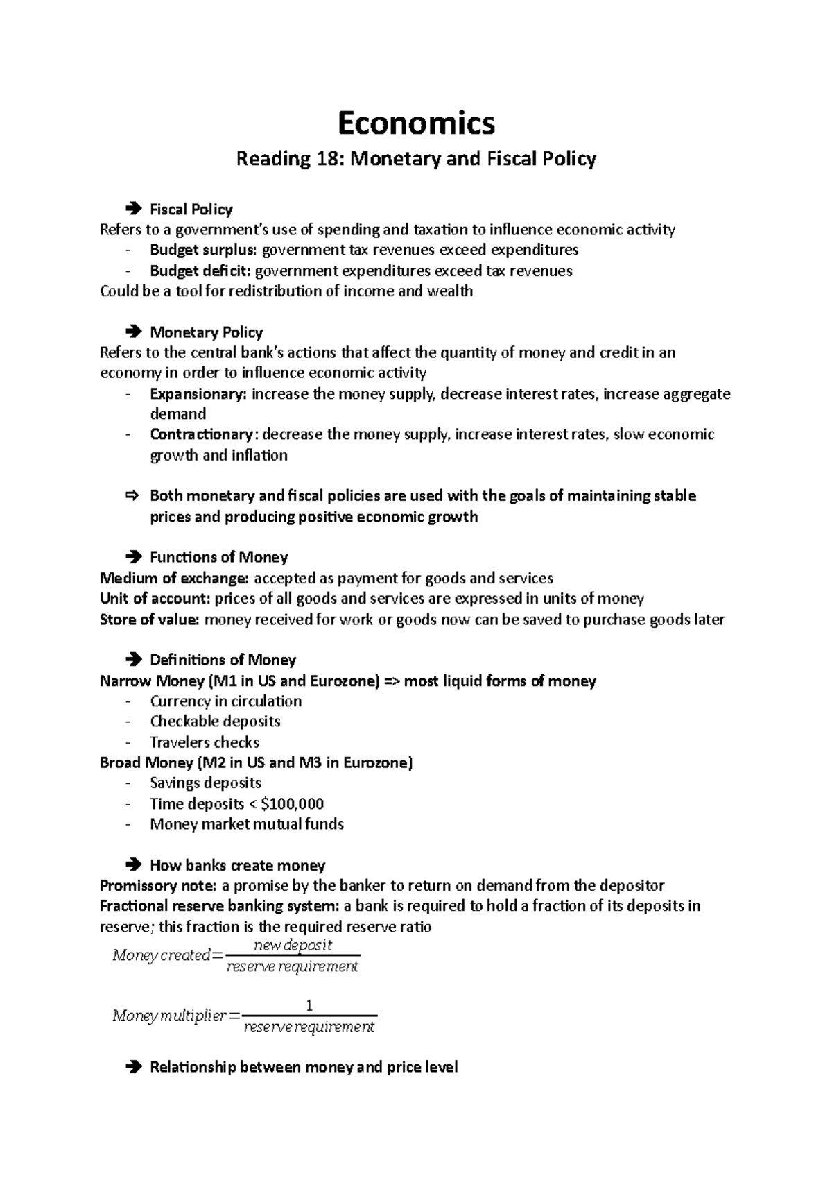 CFA lvl 1 - Reading18 - Economics Reading 18: Monetary and Fiscal ...