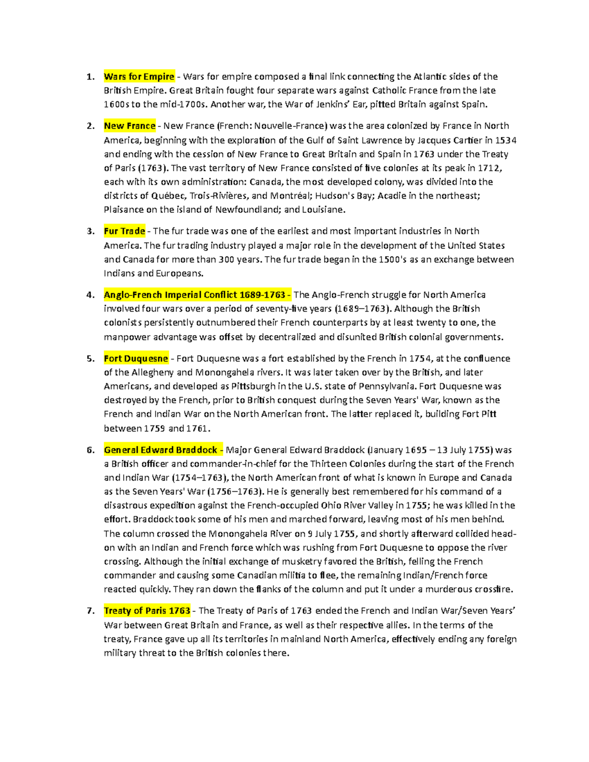 History Nine - Notes for test. - Wars for Empire - Wars for empire ...