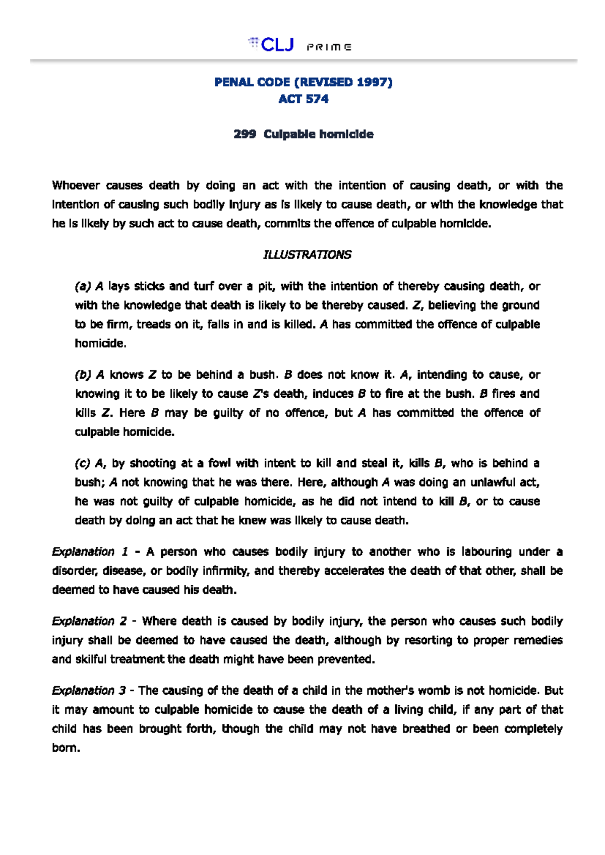 299 Culpable homicide - Act - CLJ PRIME PENAL CODE (REVISED 1997) ACT ...