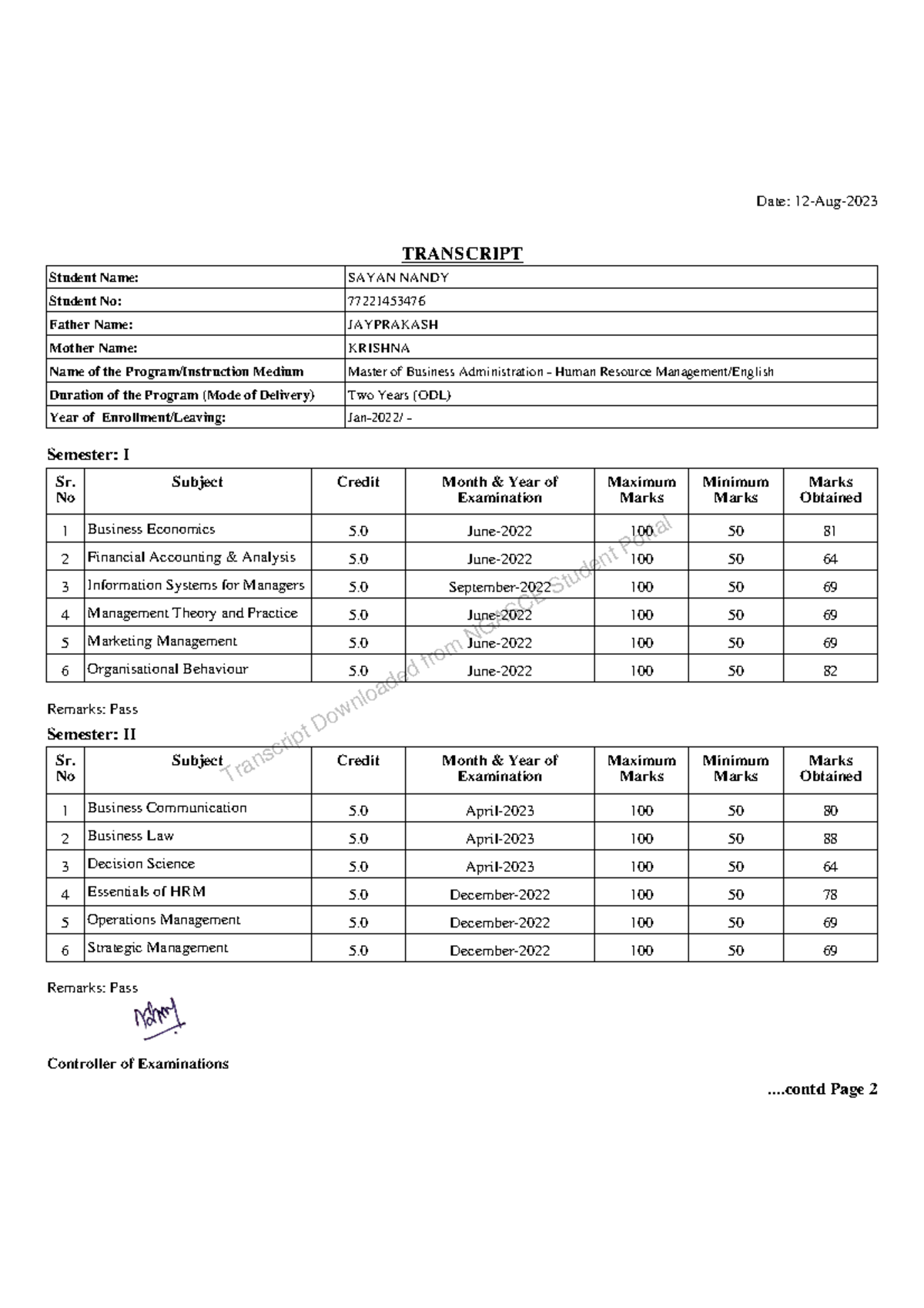 77221453476 Trascript - Date: 12-Aug- TRANSCRIPT Semester: I Remarks: Pass Semester: II Remarks ...