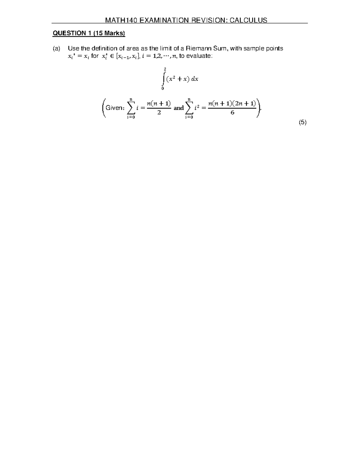 MATH140 Exam Revision Calculus - University of KwaZulu-Natal: December 2016 Examination Math140 ...