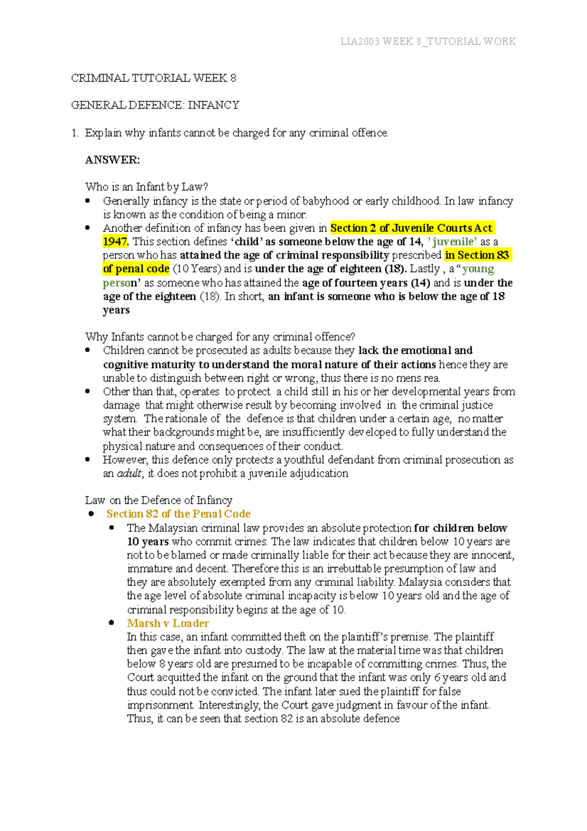 LIA2003 Tutorial WEEK 8 ( Infancy) - CRIMINAL TUTORIAL WEEK 8 GENERAL DEFENCE: INFANCY Explain ...