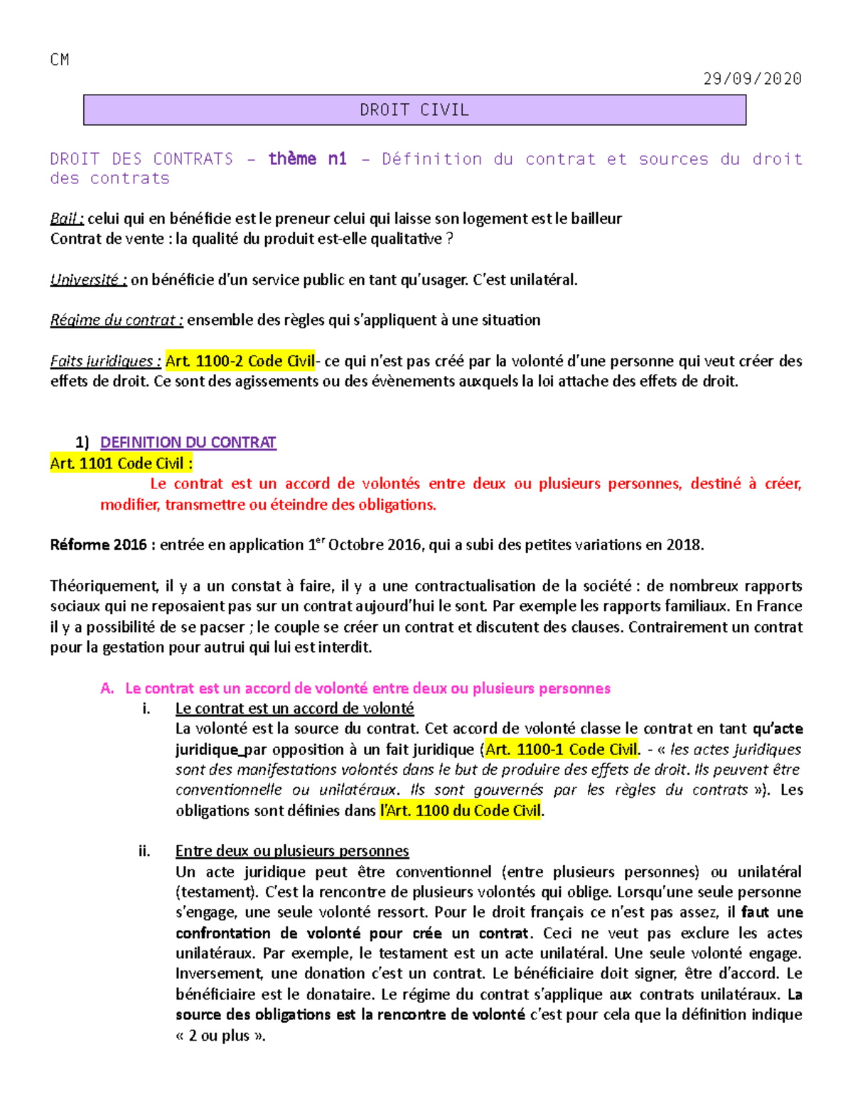 1- Définition du contrat et sources du droit des contrats - 29/09 ...