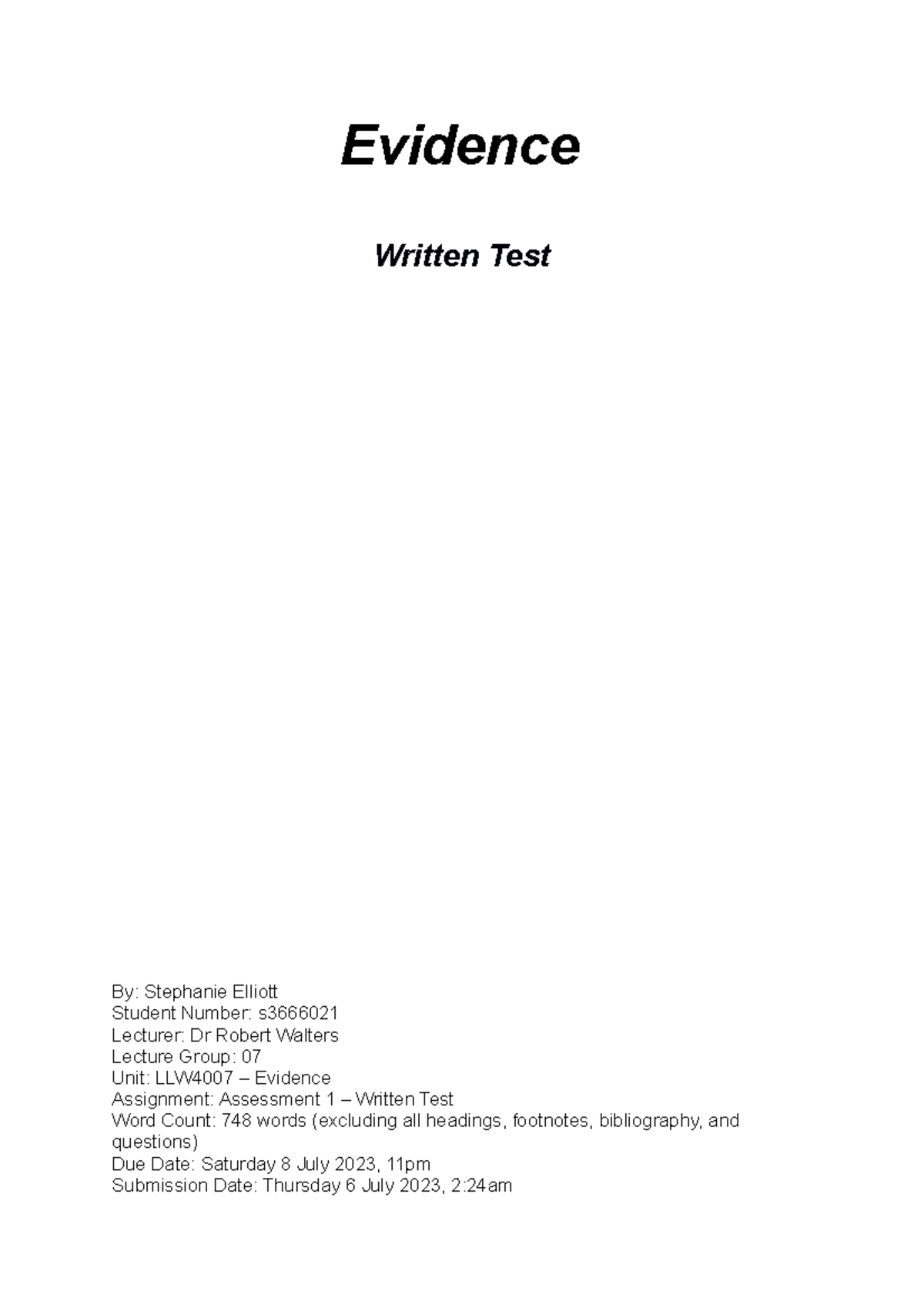 Assessment - Written Test - Evidence Written Test By: Stephanie Elliott ...