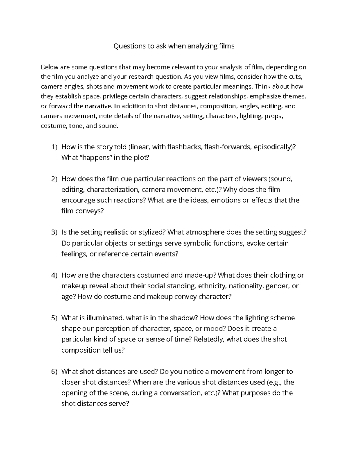 Analyzing Film - This is material provided by the professor to help us ...