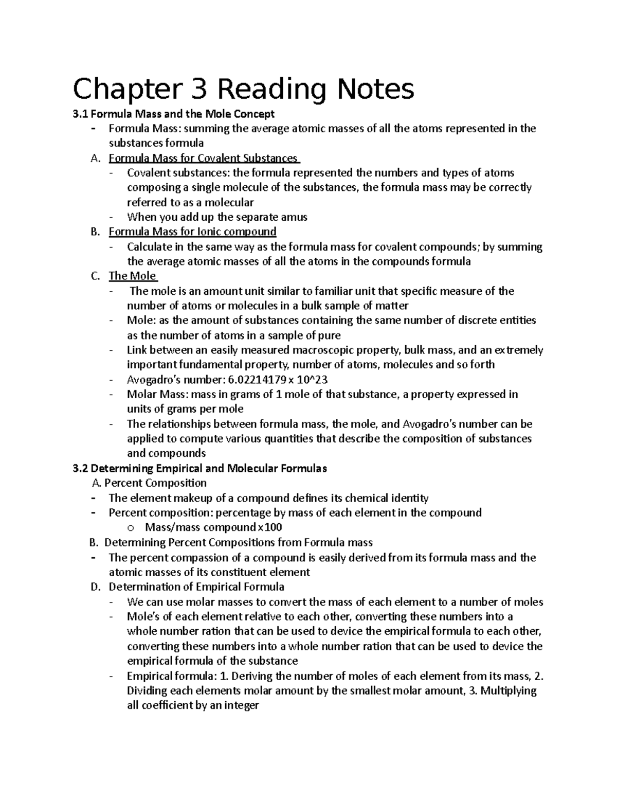 Chapter 3 Reading Notes - Chapter 3 Reading Notes 3 Formula Mass and ...