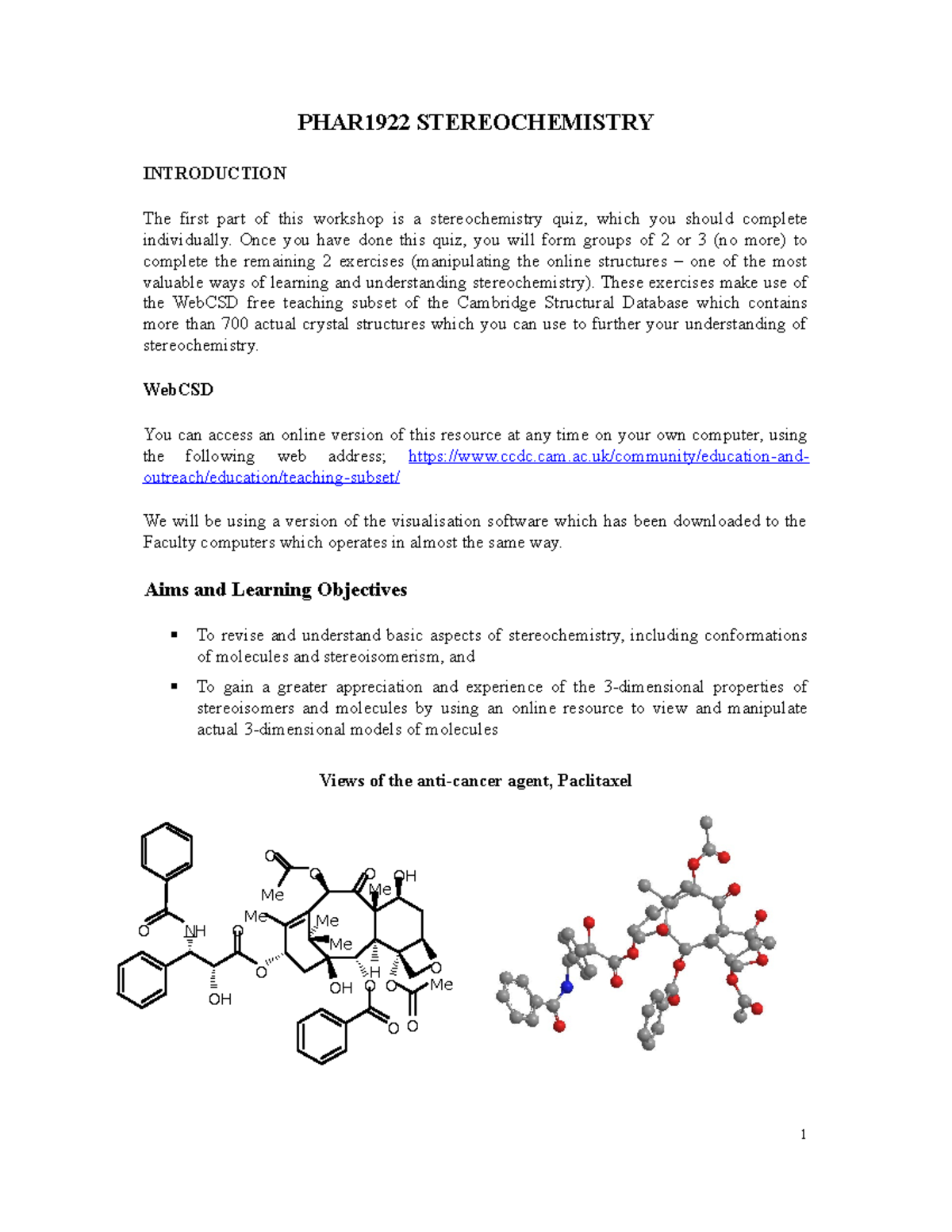 Workshop 7 - stereochemistry - PHAR1922 STEREOCHEMISTRY INTRODUCTION ...