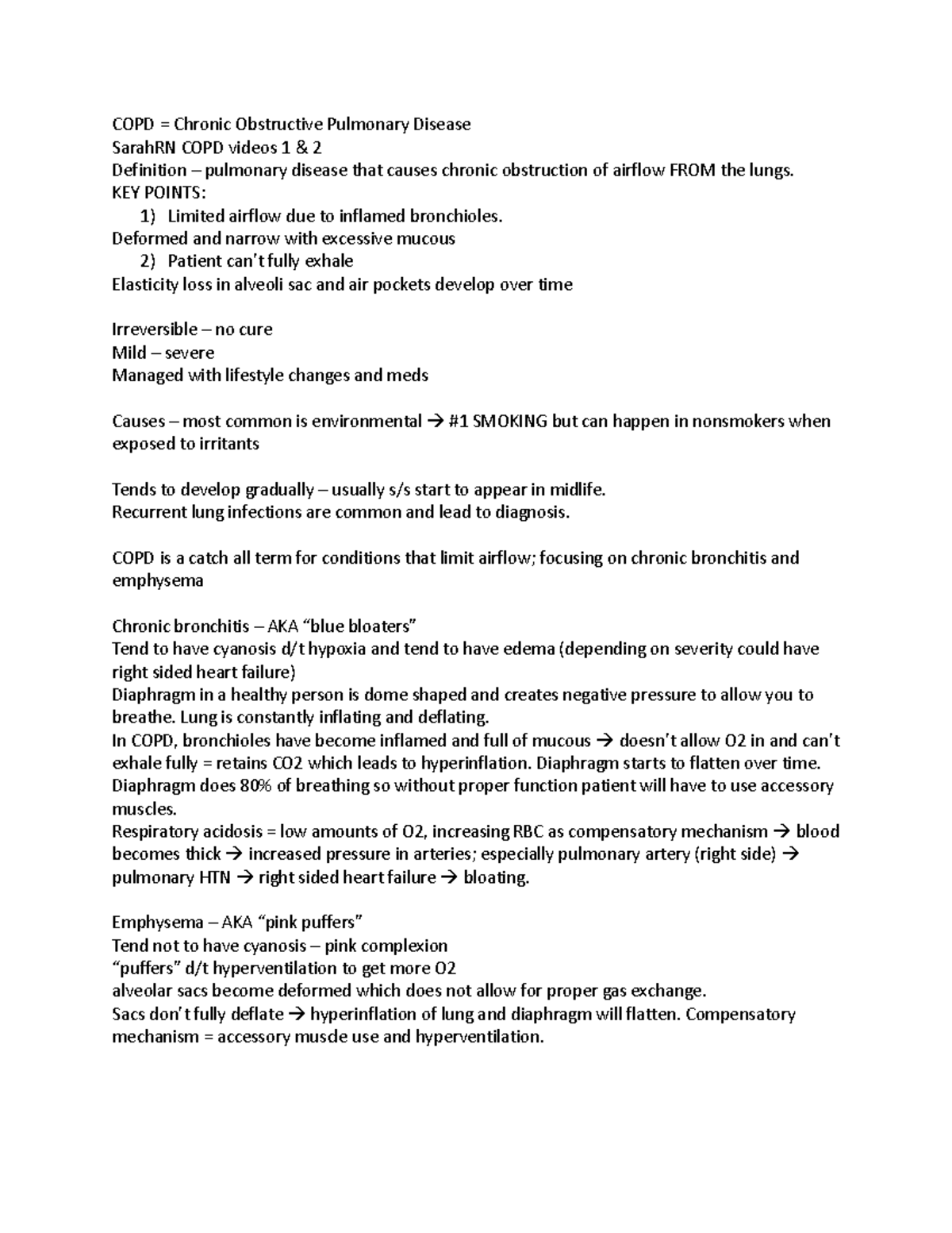COPD video notes - COPD = Chronic Obstructive Pulmonary Disease SarahRN ...