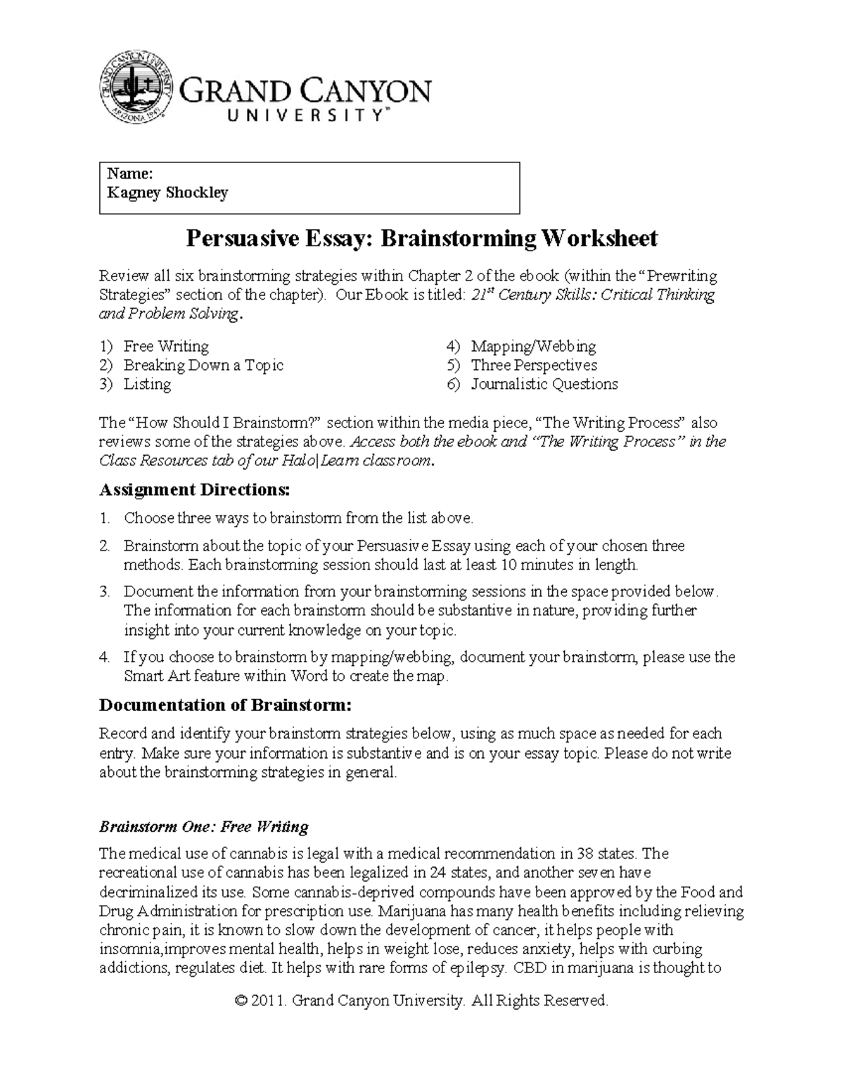 Brainstorming Worksheet - Name: Kagney Shockley Persuasive Essay ...