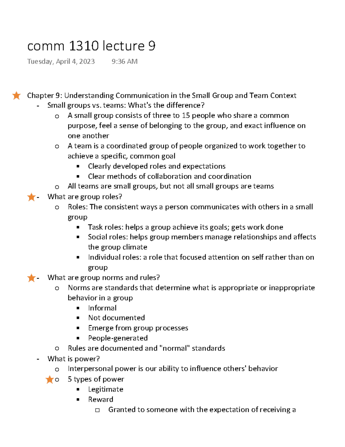 Comm 1310 lecture 9 - Chapter 9: Understanding Communication in the Small Group and Team Context ...