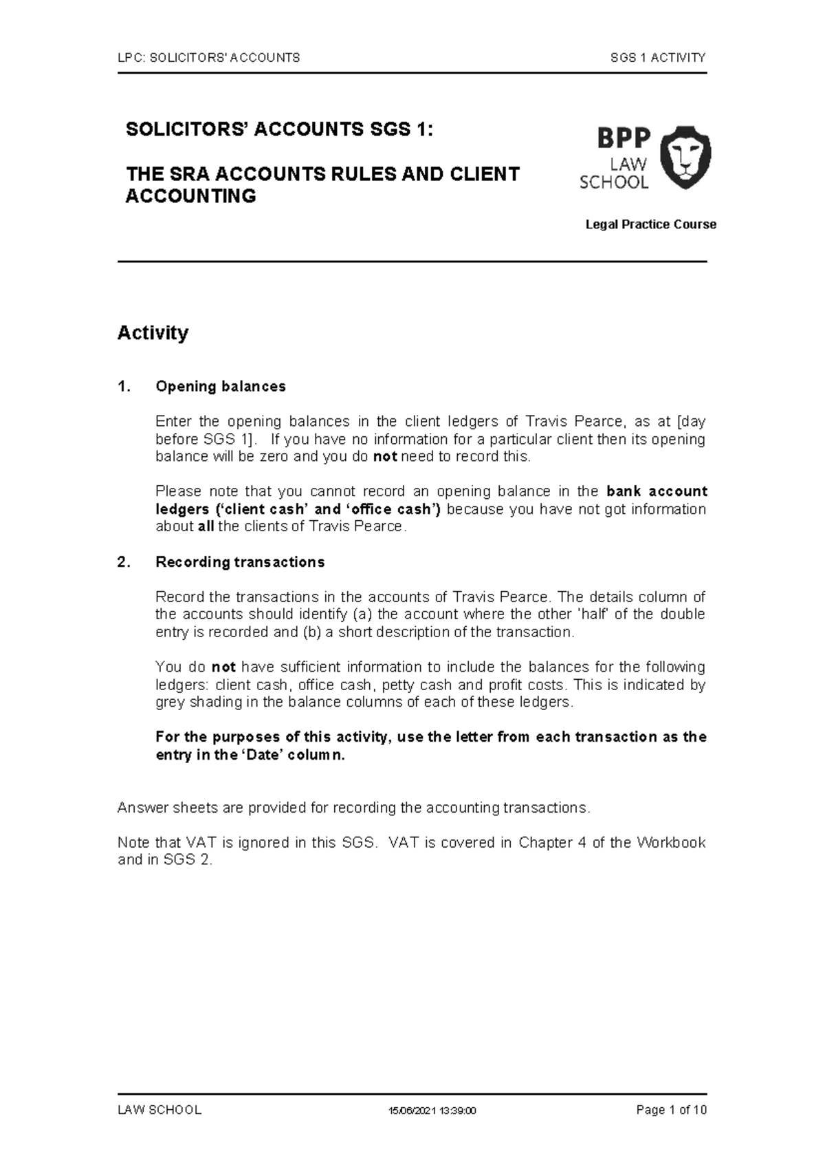 SA SGS 1 Activity Pack 2022-23 - SOLICITORS’ ACCOUNTS SGS 1: THE SRA ...